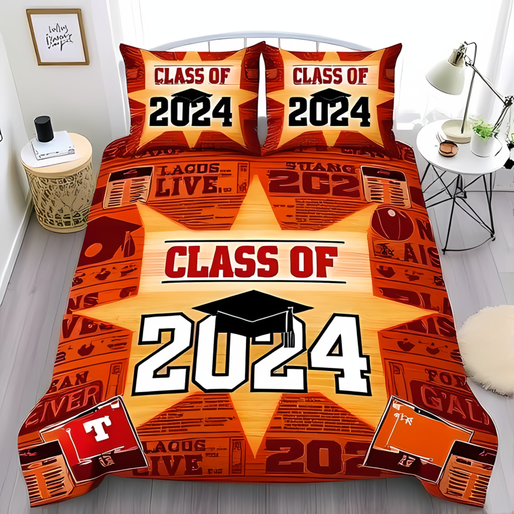 Vibrant Orange 3-Piece Duvet Cover Set - 'Class of 2024' Newspaper ...