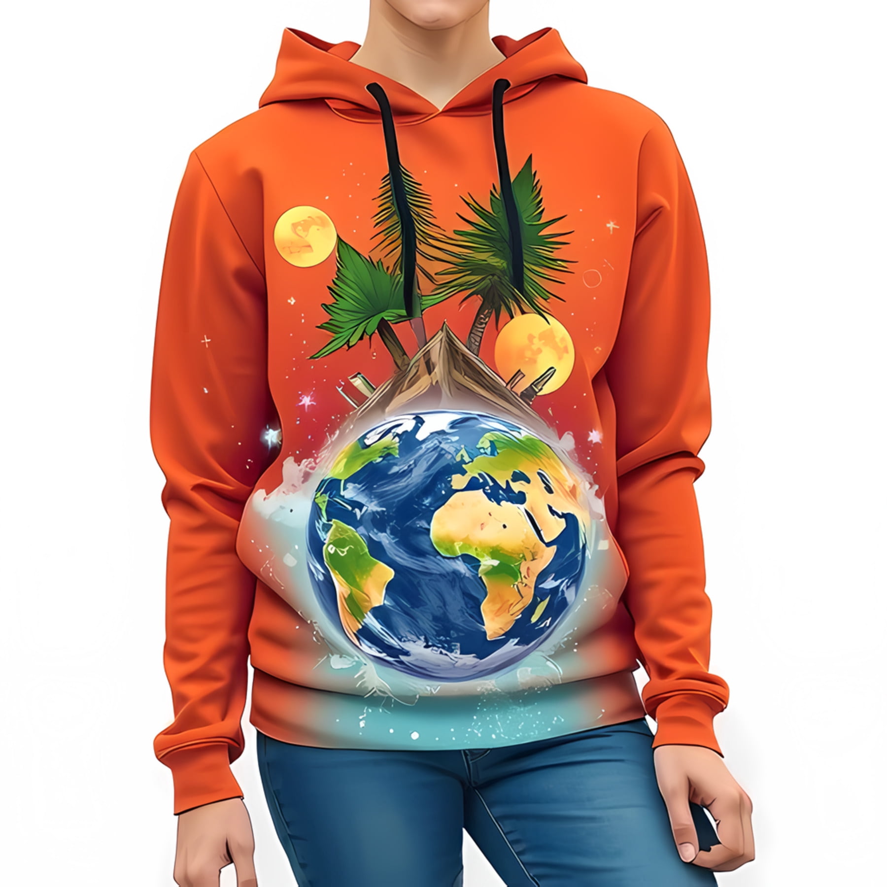 Vibrant Orange 3D Hoodie with Whimsical Earth Illustration Backdrop ...