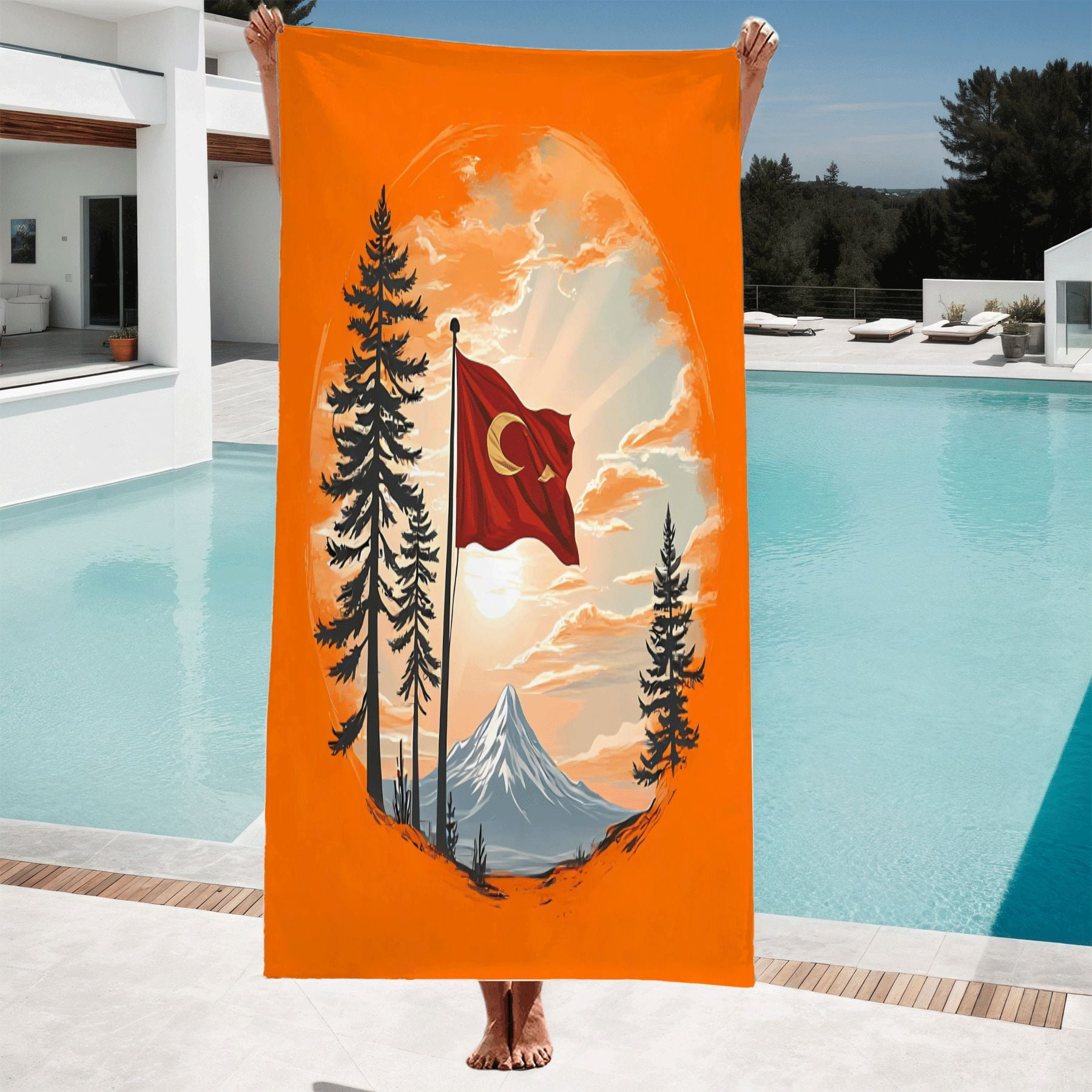 Vibrant Orange Beach Towel with Red Crescent & Star Flag Design Perfect ...