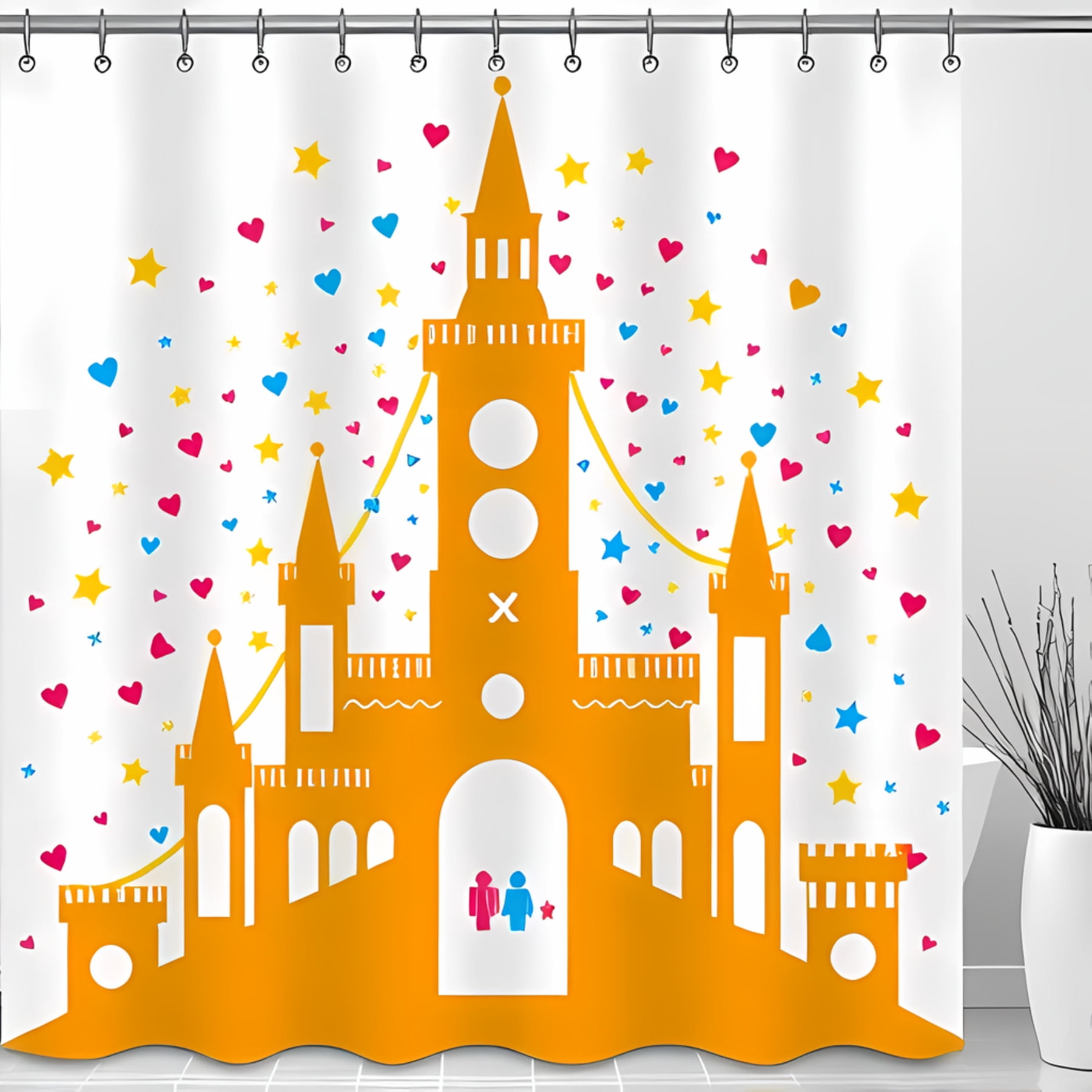 Vibrant Orange Castle Shower Curtain with Colorful Hearts & Stars ...