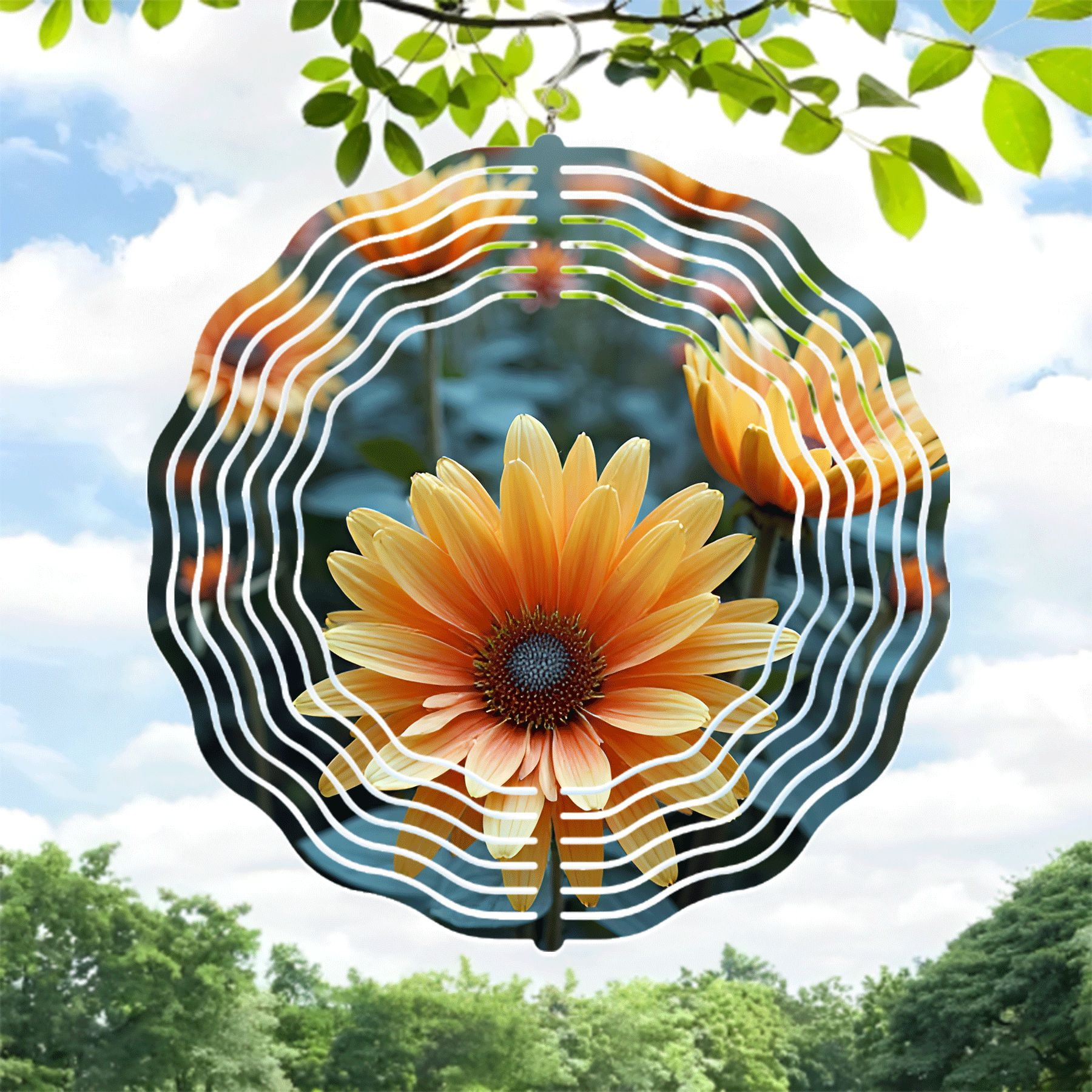 Vibrant Orange Daisy Metal Hanging Wind Spinner with White Line Pattern ...