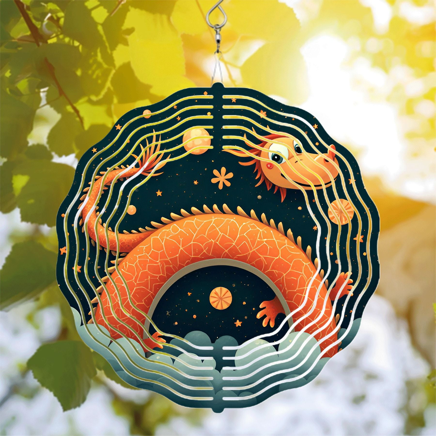 Vibrant Orange Dragon Metal Wind Spinner - Whimsical Celestial Design ...
