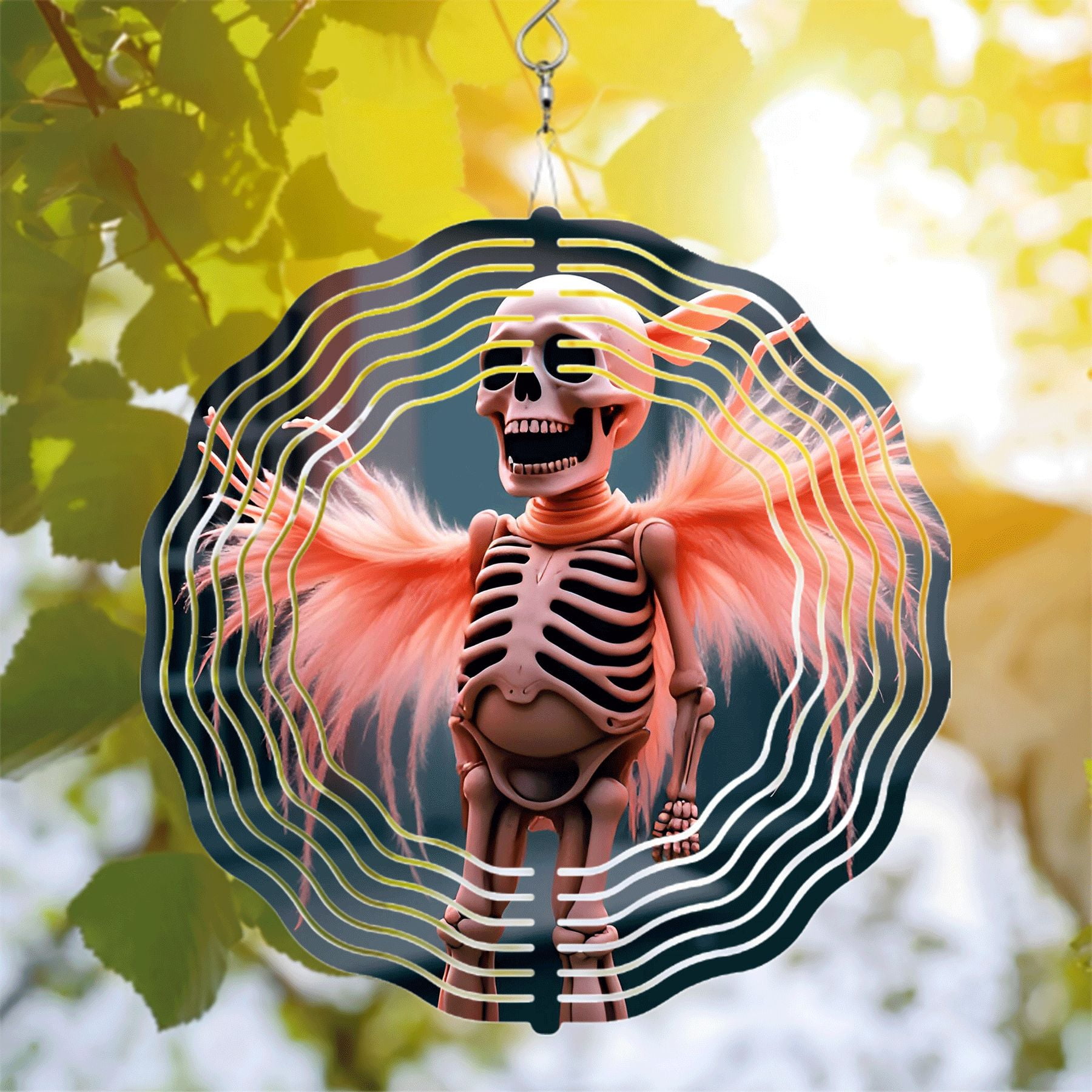 Vibrant Orange Feathered Wing Skeleton Metal Wind Spinner - Whimsical ...
