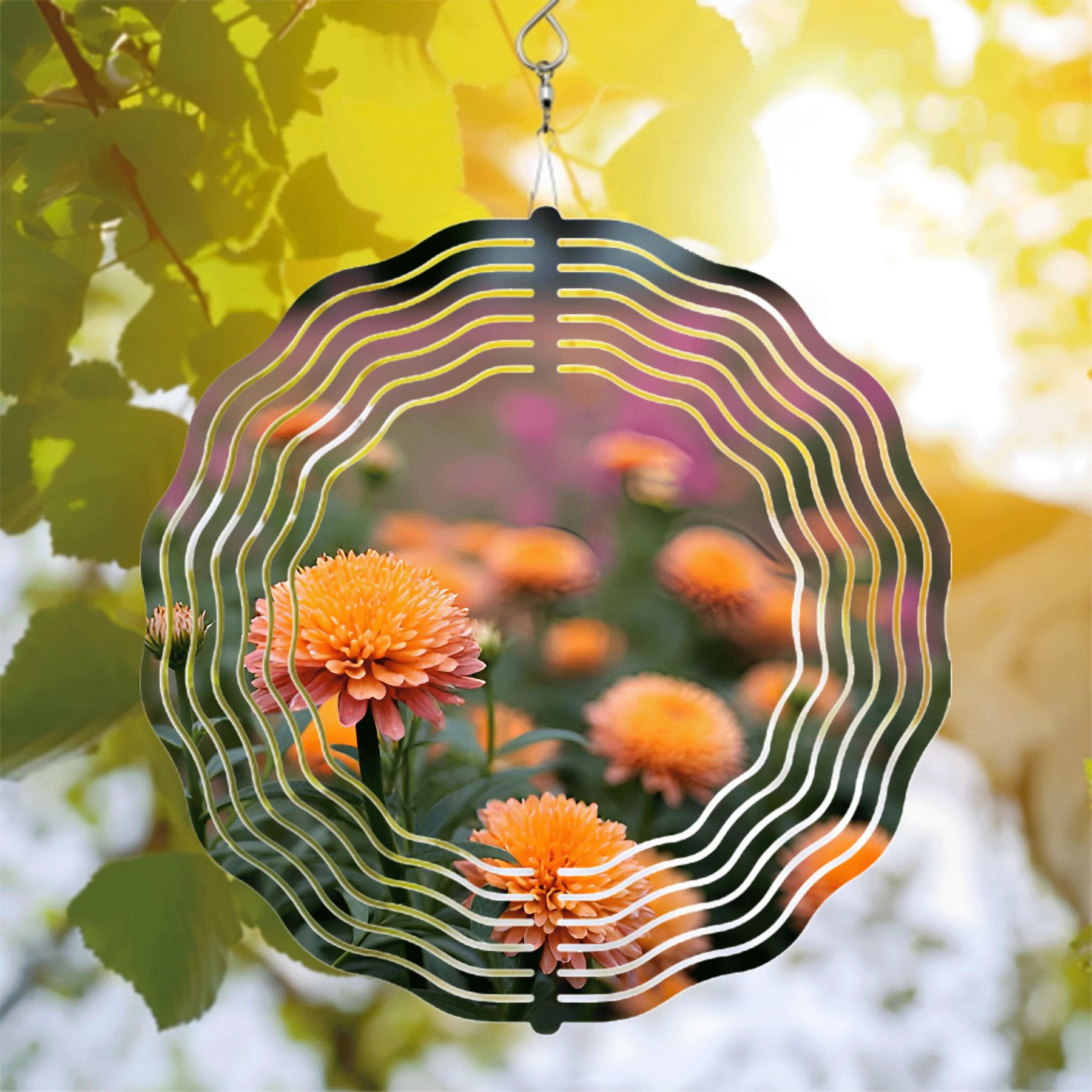 Vibrant Orange Flower Metal Hanging Wind Spinner with Concentric White ...