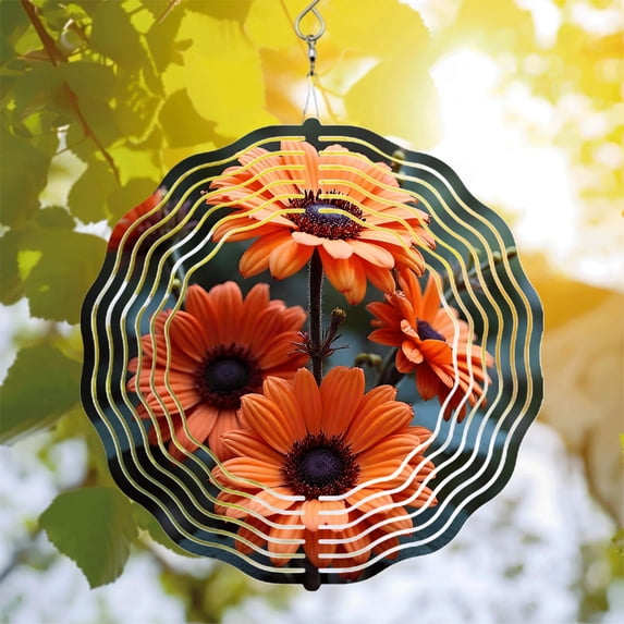 Vibrant Orange Flower Metal Wind Spinner with Dark Centers - Circular ...