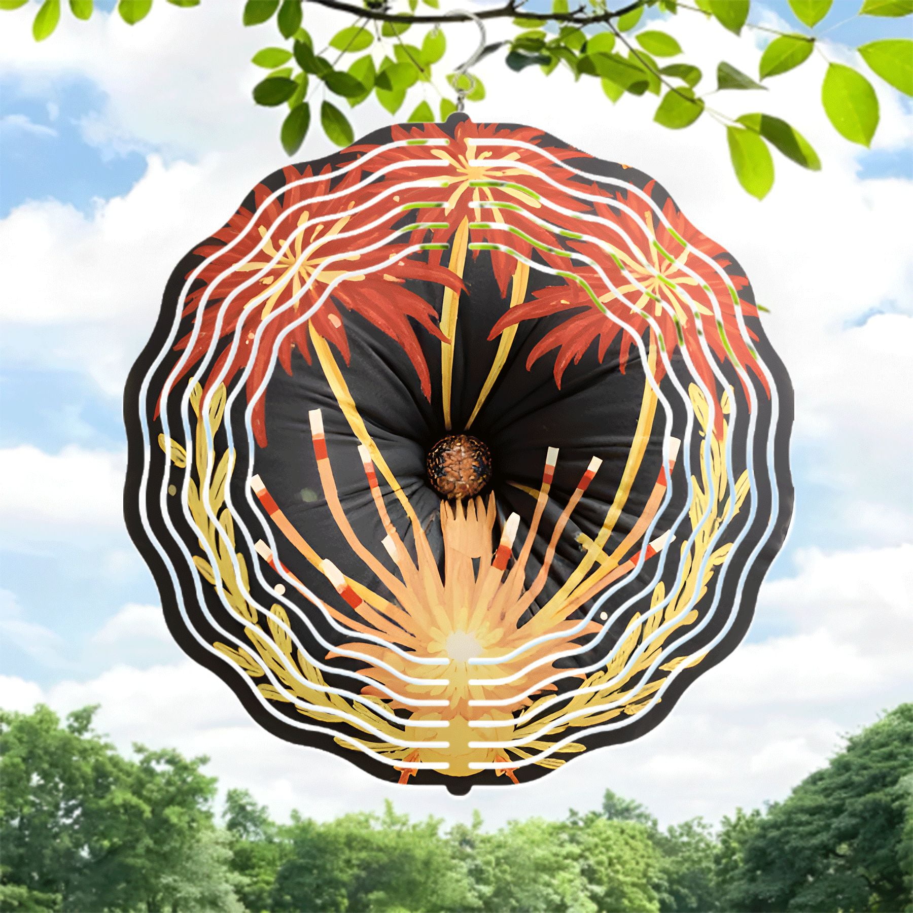 Vibrant Orange Flower Metal Wind Spinner with Red Palm Trees & Wave ...