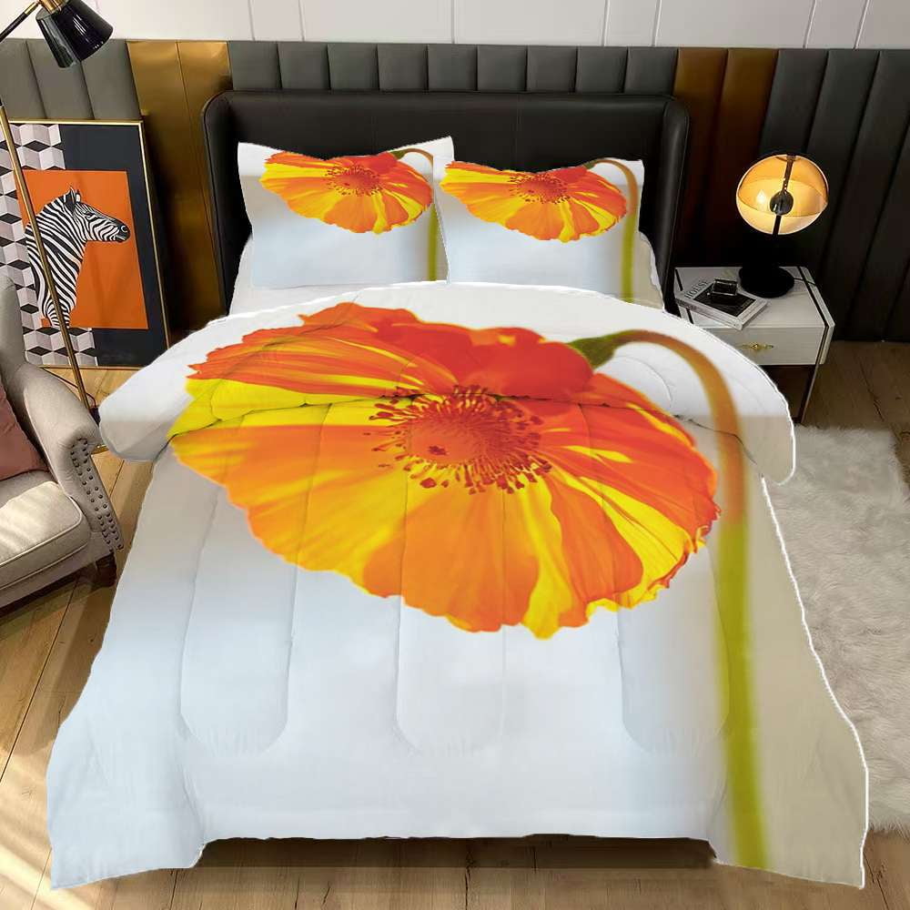 Vibrant Orange Poppy Bloom Comforter Set Queen Size Bedding Set For ...