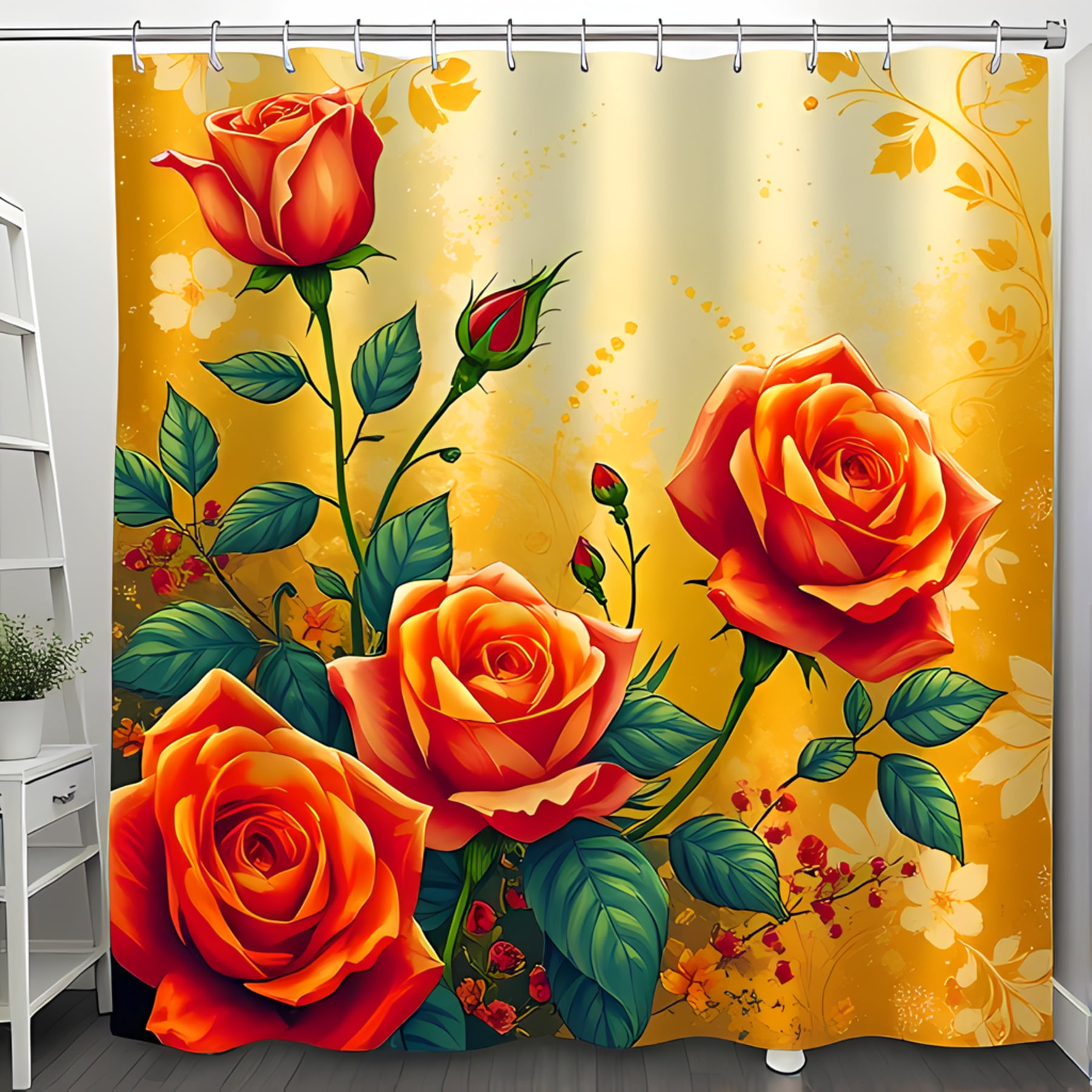 Vibrant Orange Roses Shower Curtain Luxurious Floral Design with Gold ...