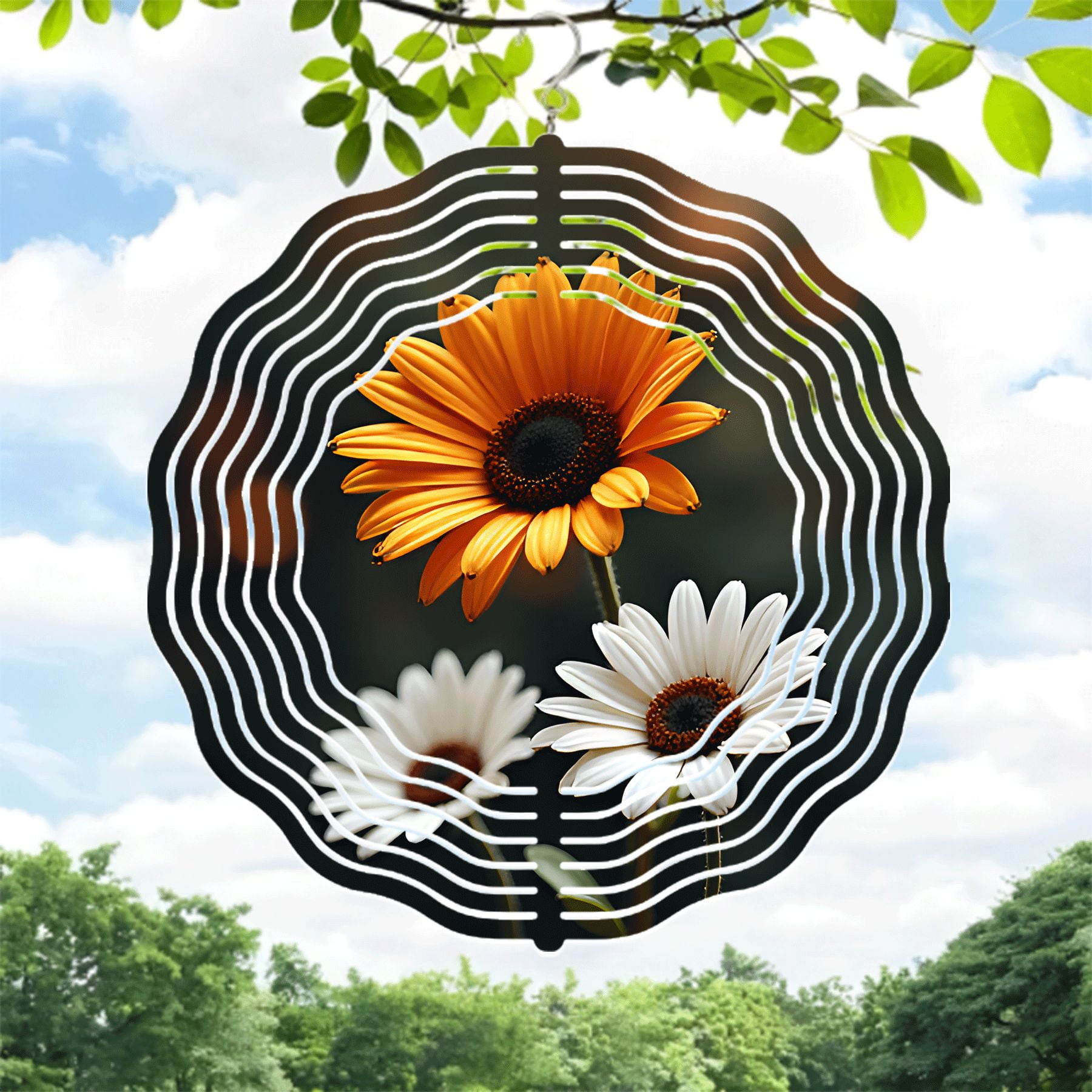 Vibrant Orange Sunflower Metal Hanging Wind Spinner with Daisies ...