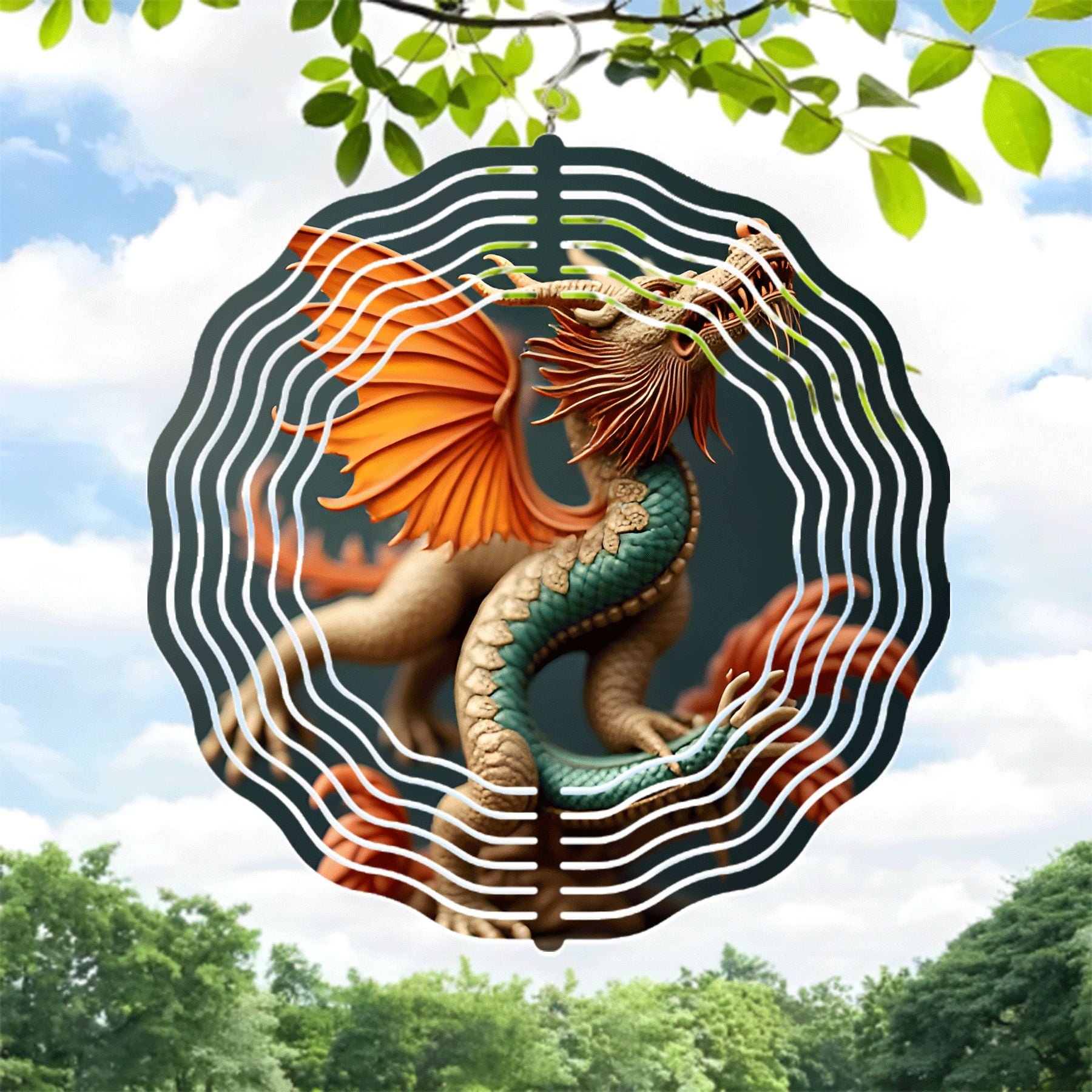 Vibrant Orange & Teal Dragon Metal Wind Spinner - Dynamic Circular ...