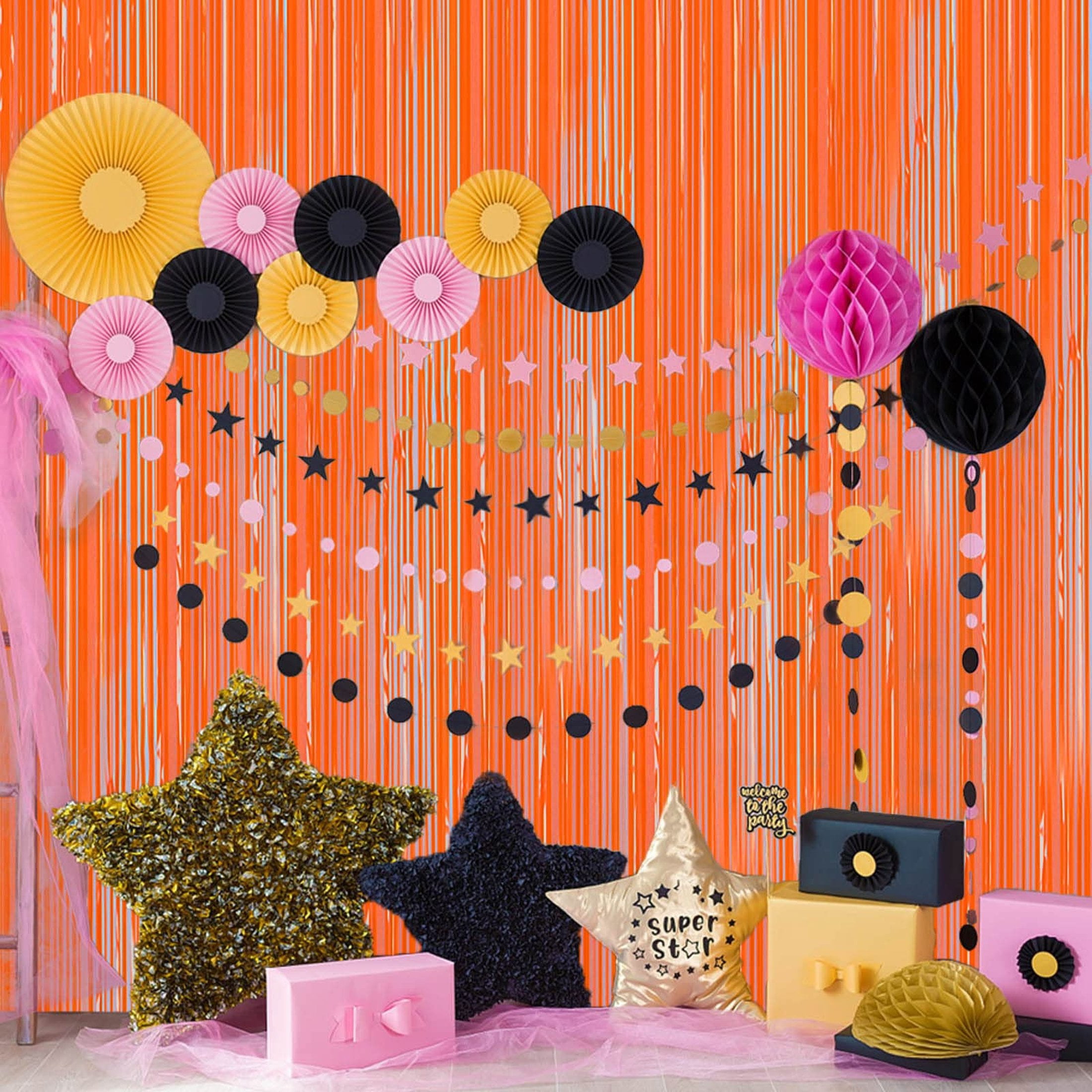 Vibrant Orange Tinsel Backdrop Set - 2 Pack Metallic Fringe Curtains ...