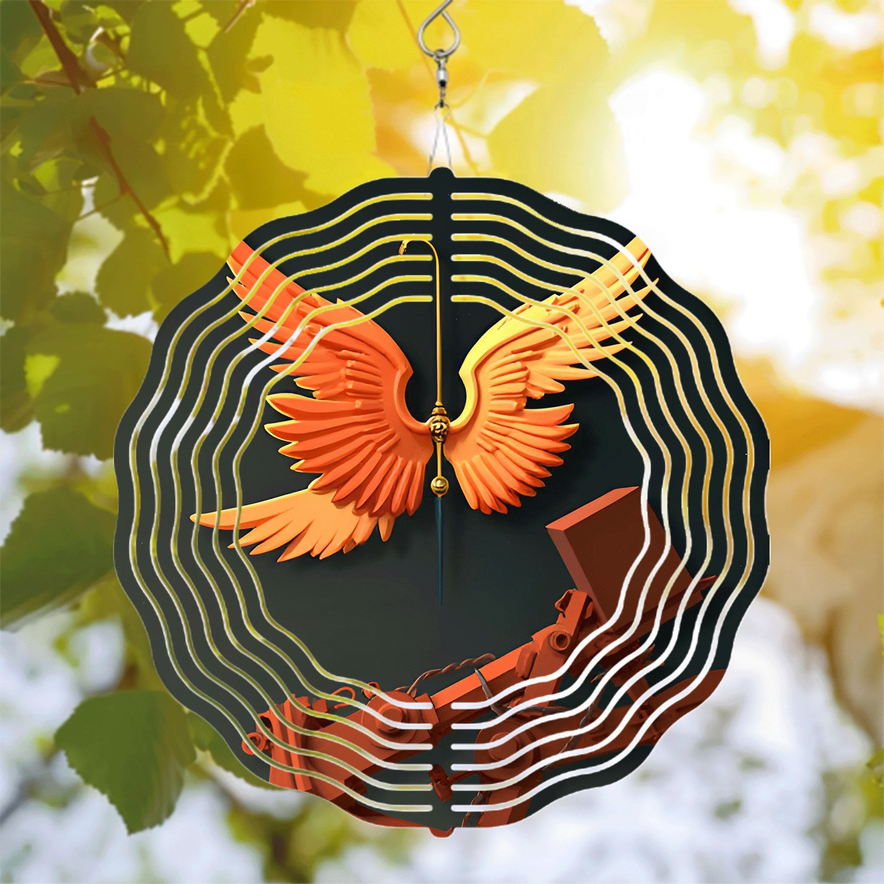 Vibrant Orange Wings Metal Wind Spinner with Golden Hinge & Concentric ...