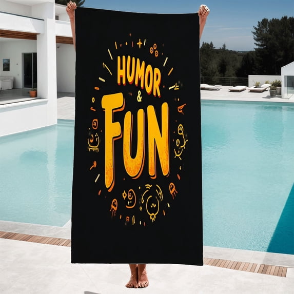 Vibrant Orange - Yellow " HUMOR & FUN " Beach Towel - Playful Cartoon ...