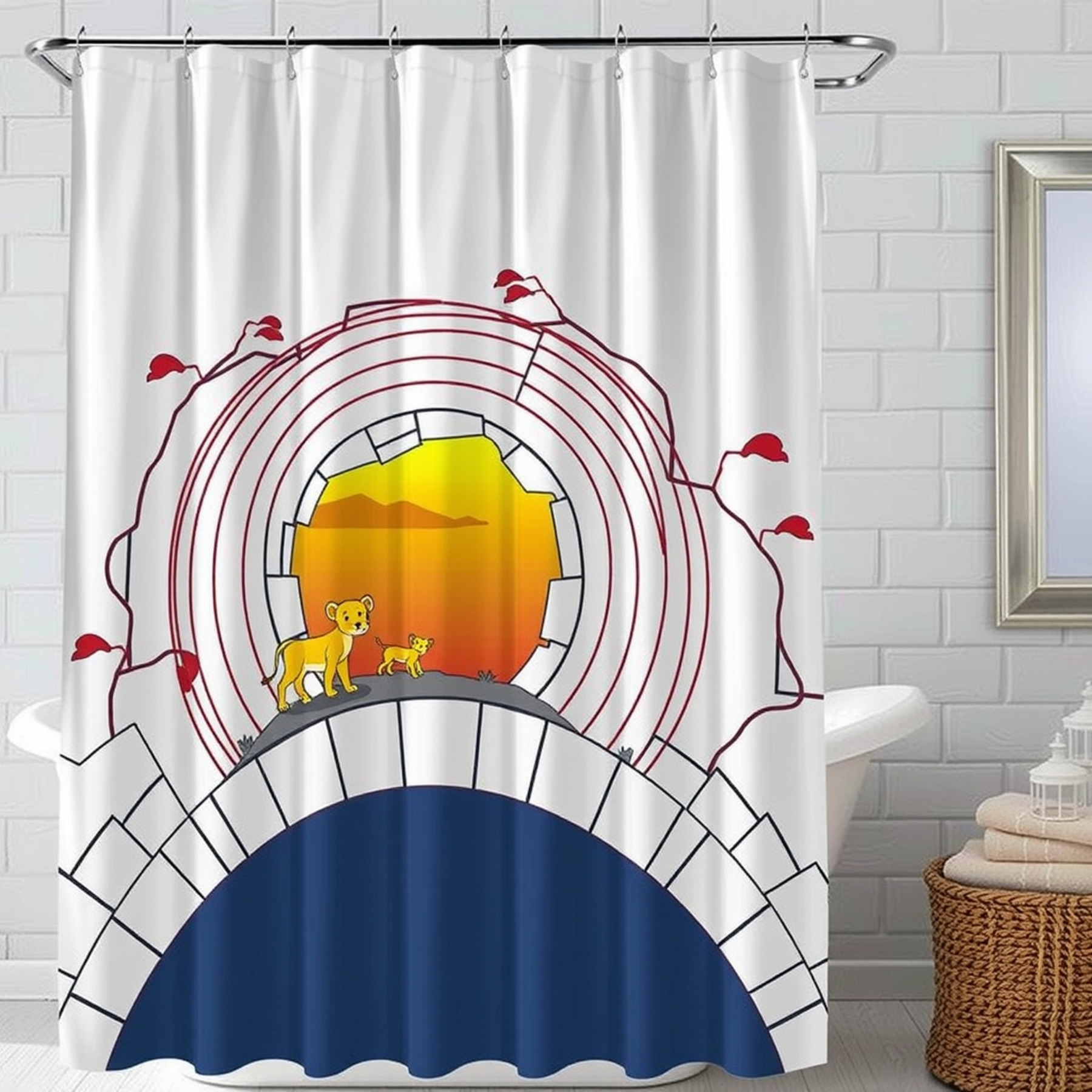 Vibrant Orange and Yellow Lion Shower Curtain with Circular Design for Brightening Up Your ...