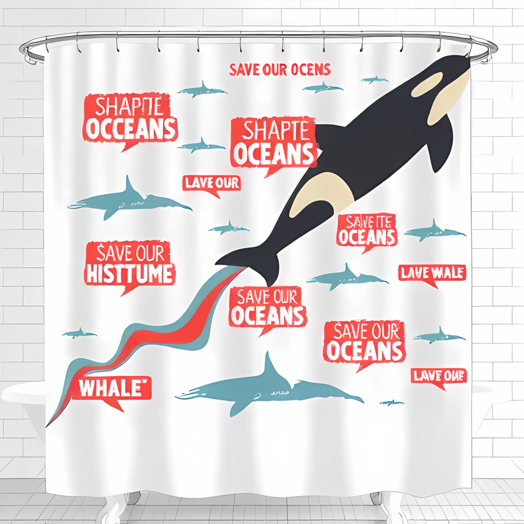 Vibrant Orca Whale Shower Curtain with Bold Text Bubbles - Ocean ...