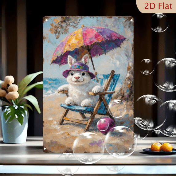 Vibrant Painterly Cute White Rabbit on Beach with Purple Bucket Hat and ...