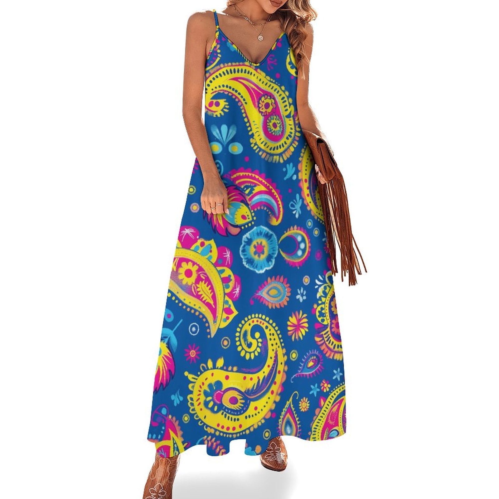 Vibrant Paisley Pattern Bright Blue Background Design Sleeveless Dress ...