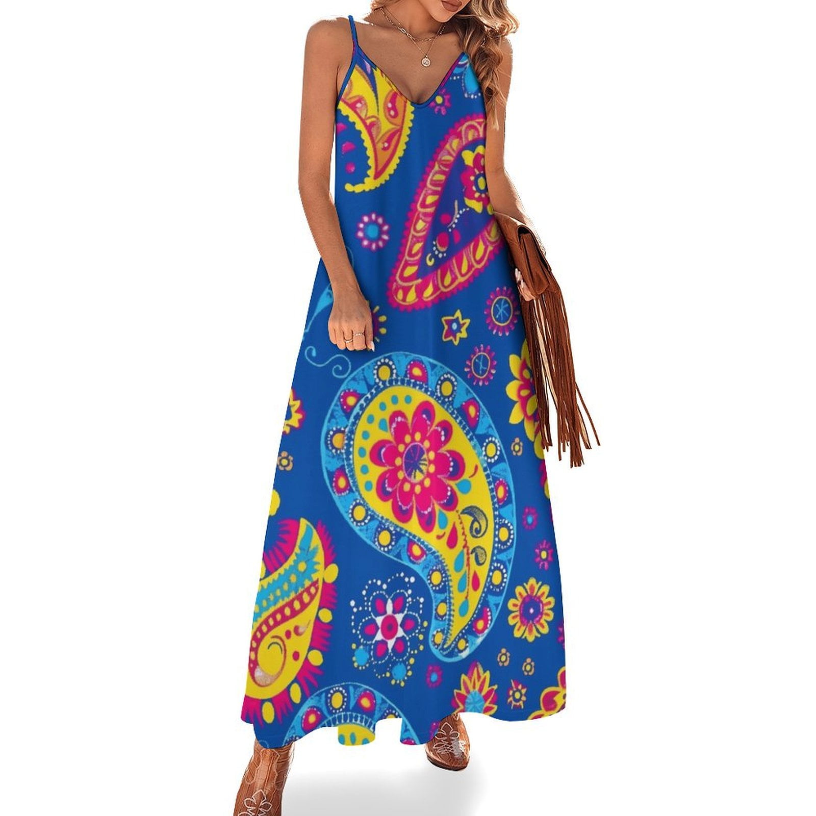 Vibrant Paisley Pattern Bright Colors Blue Background Design Sleeveless ...