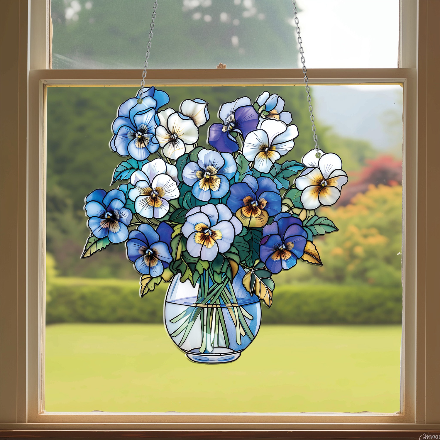 Vibrant Pansy Bouquet Acrylic Window Hanging: Stained Glass Floral ...