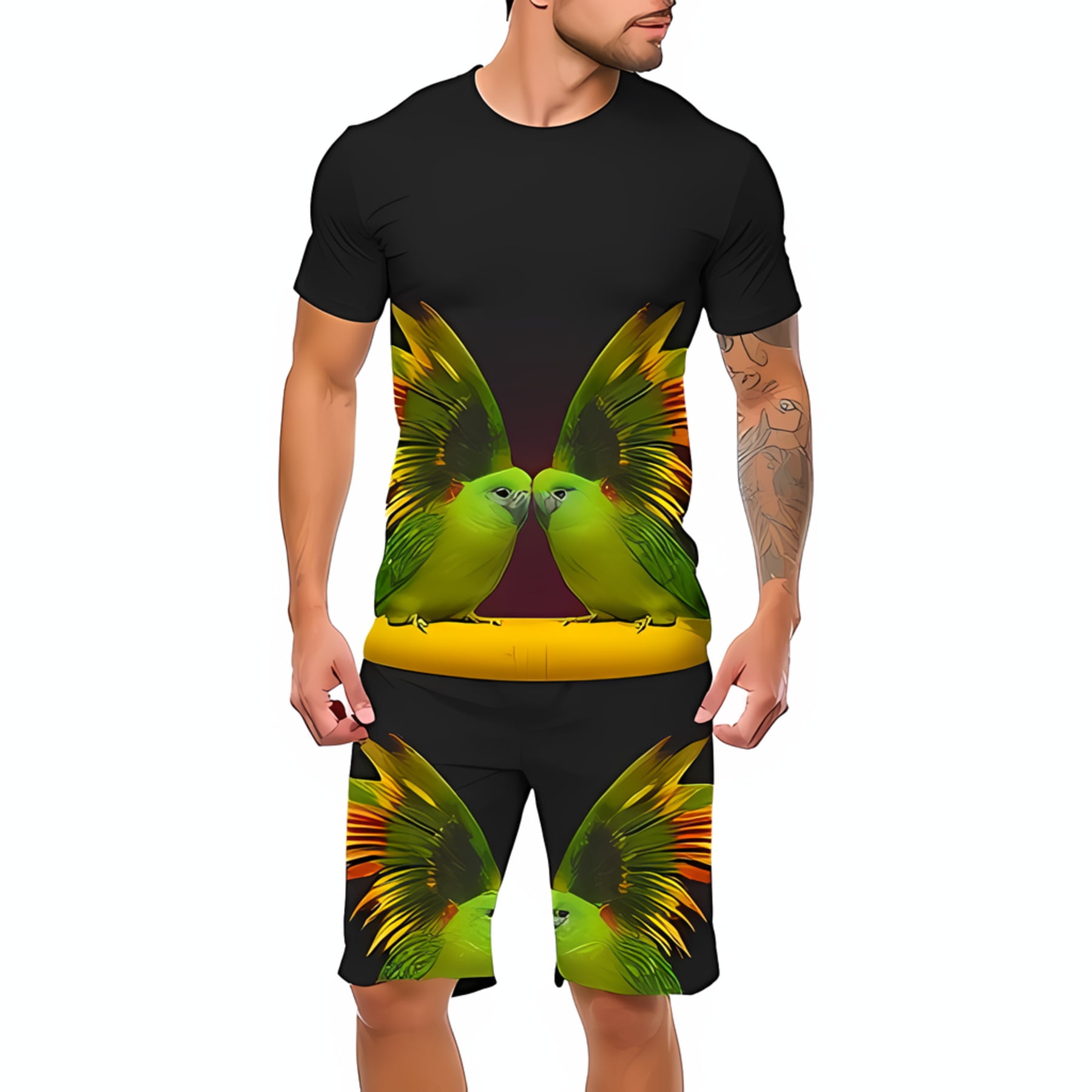 Vibrant Parrot Print T-Shirt and Shorts Set - Bold Tropical Design for ...