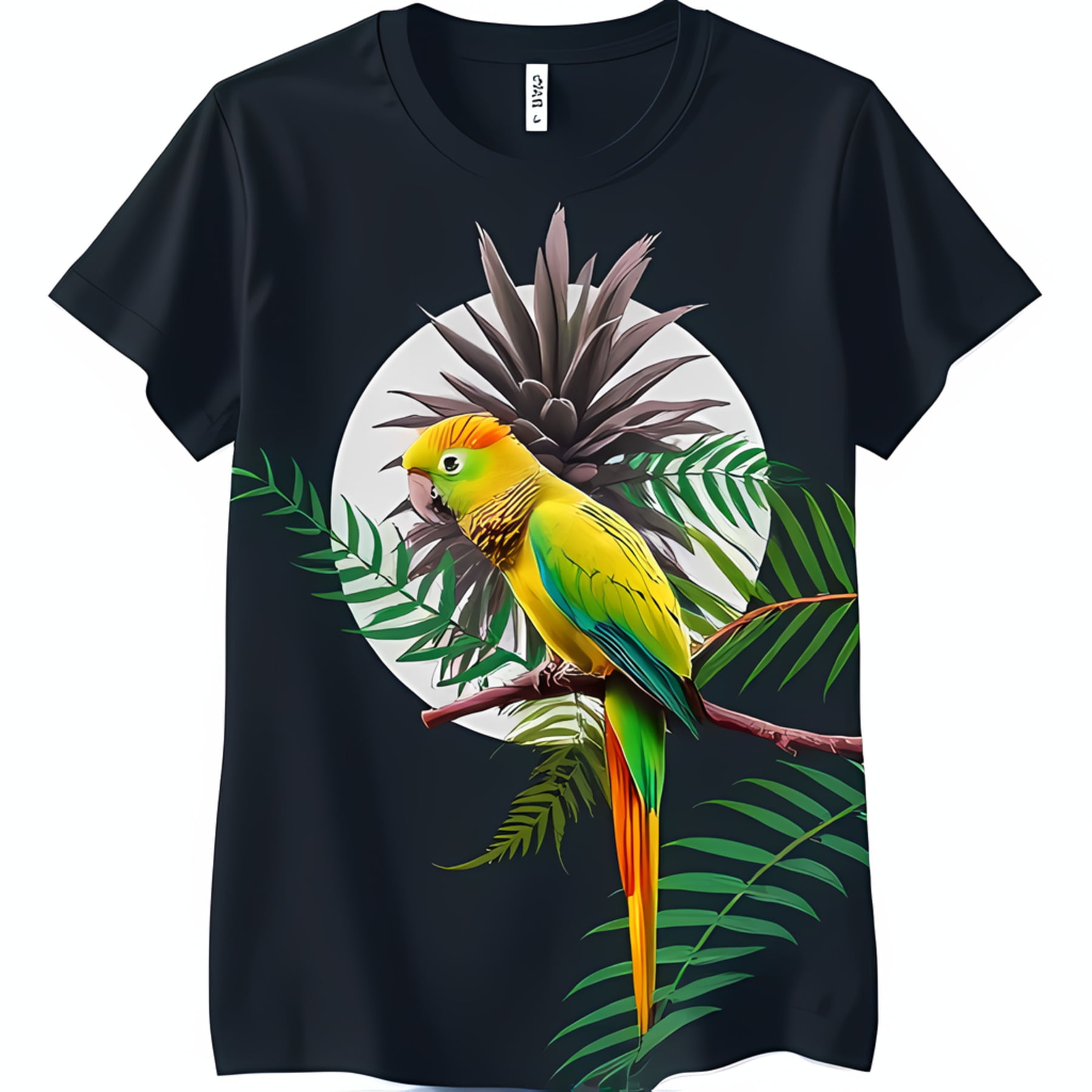 Vibrant Parrot on Leafy Branch T-Shirt Tropical Foliage Design on Black ...