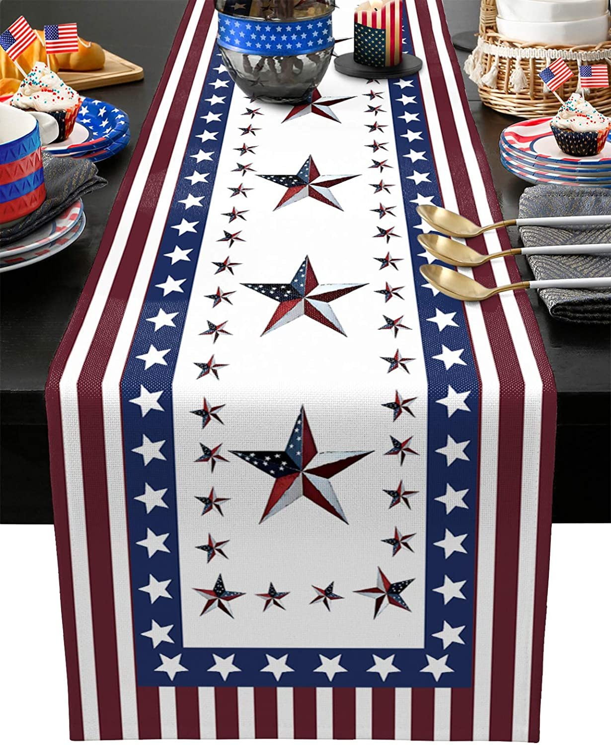 Vibrant Patriotic American Flag Linen Table Runners Striped Hearts ...