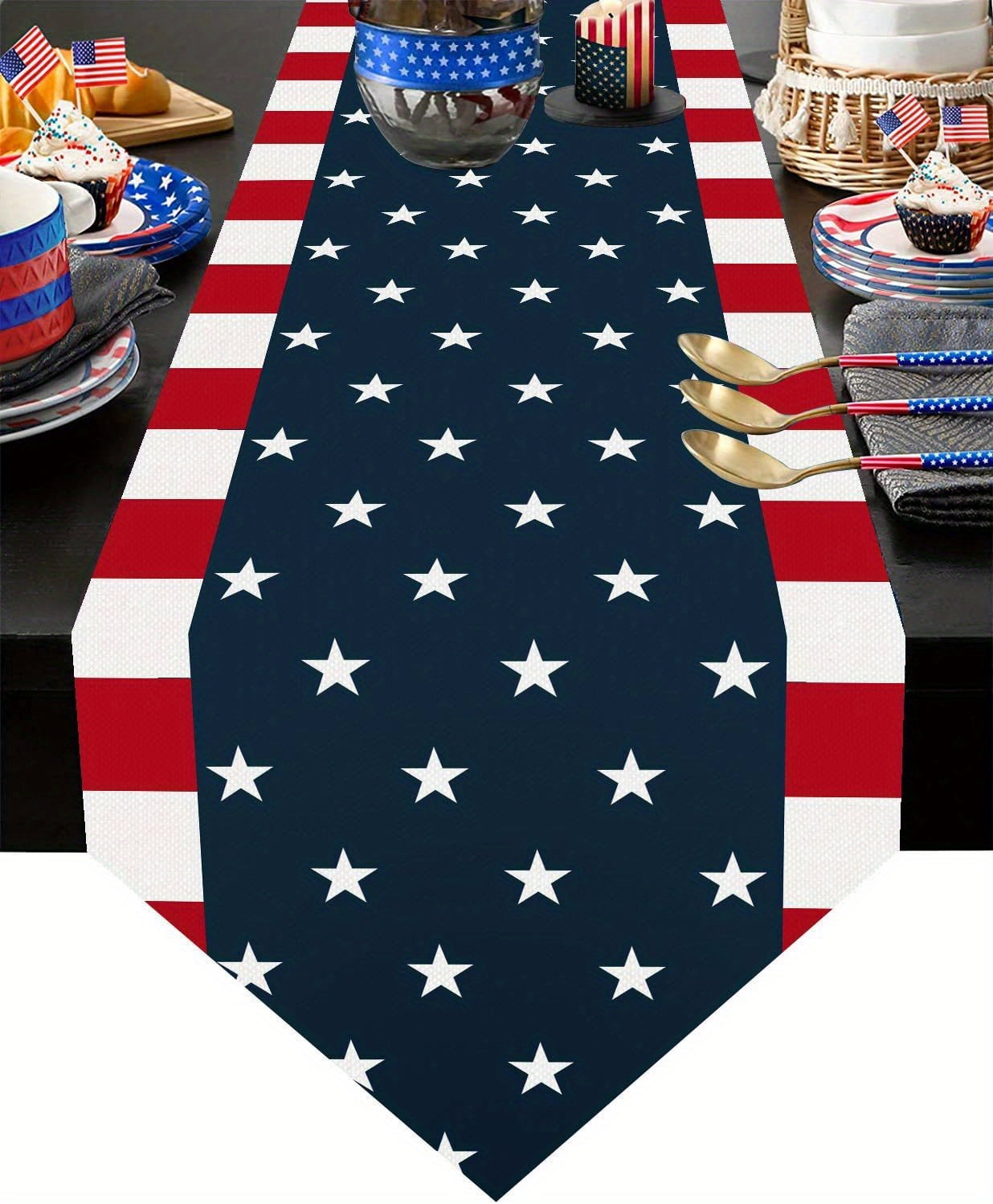 Vibrant Patriotic American Flag Linen Table Runners Striped Hearts ...