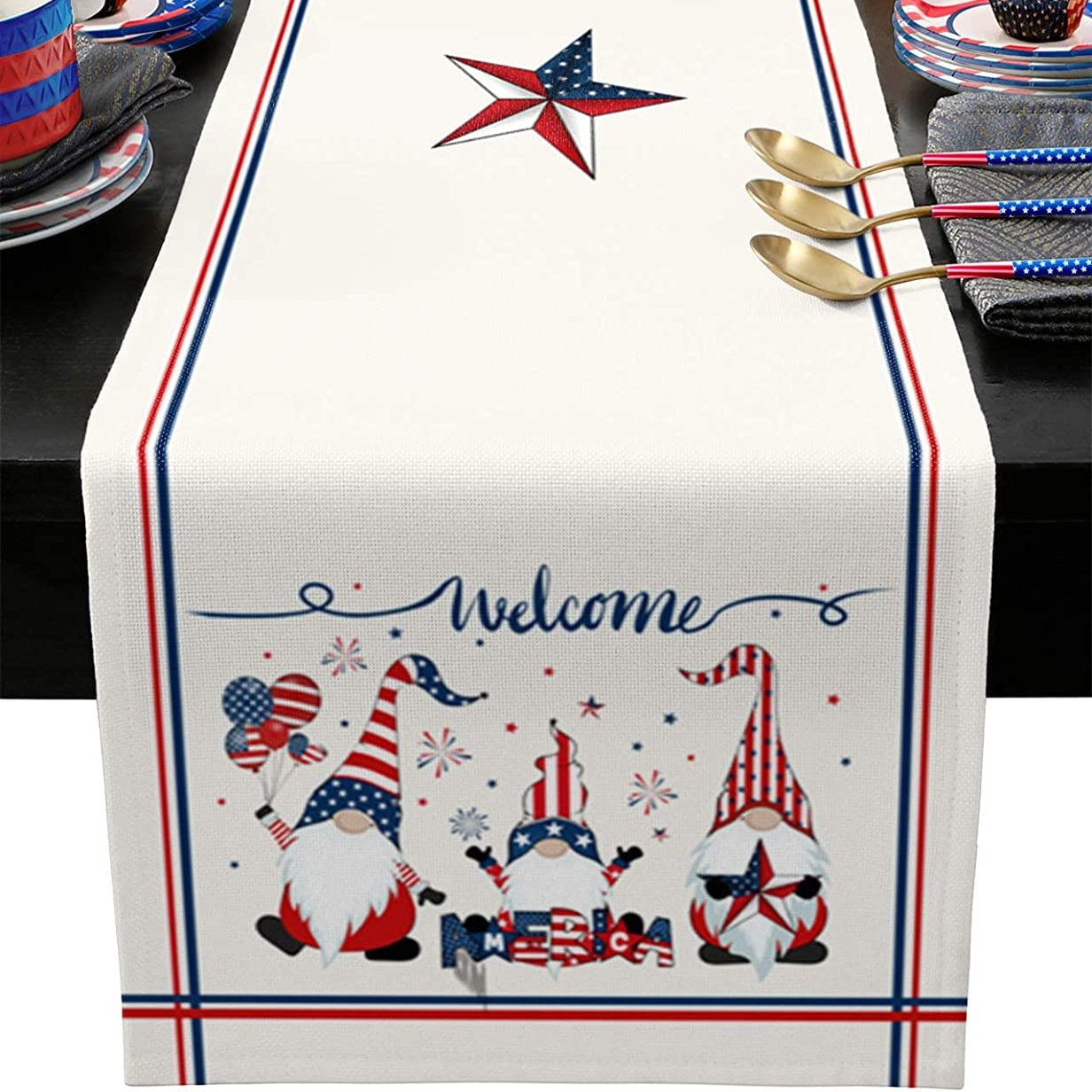 Vibrant Patriotic American Flag Linen Table Runners Striped Hearts ...