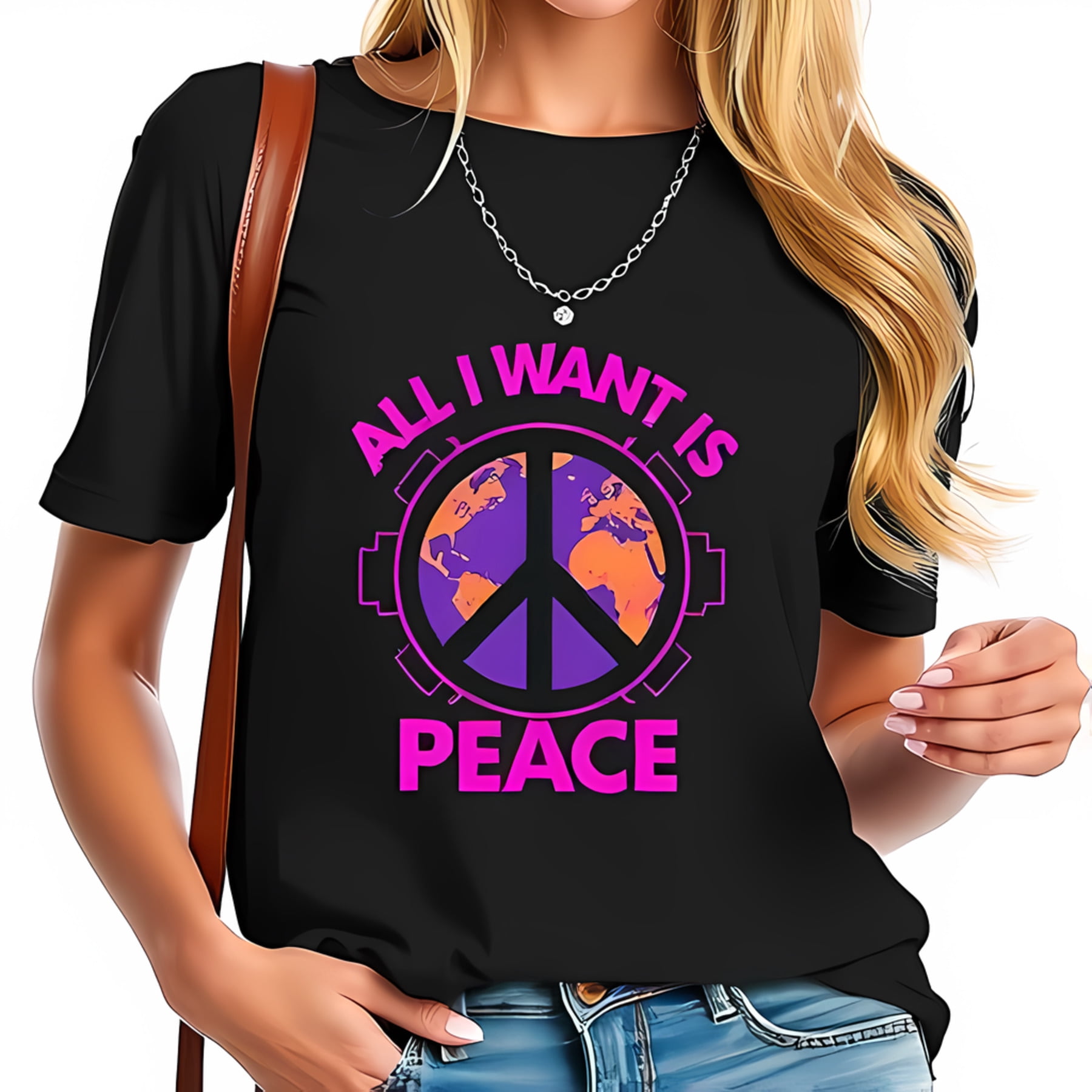 Vibrant Peace Symbol Earth Graphic Cotton Short Sleeve T-Shirt - " ALL ...