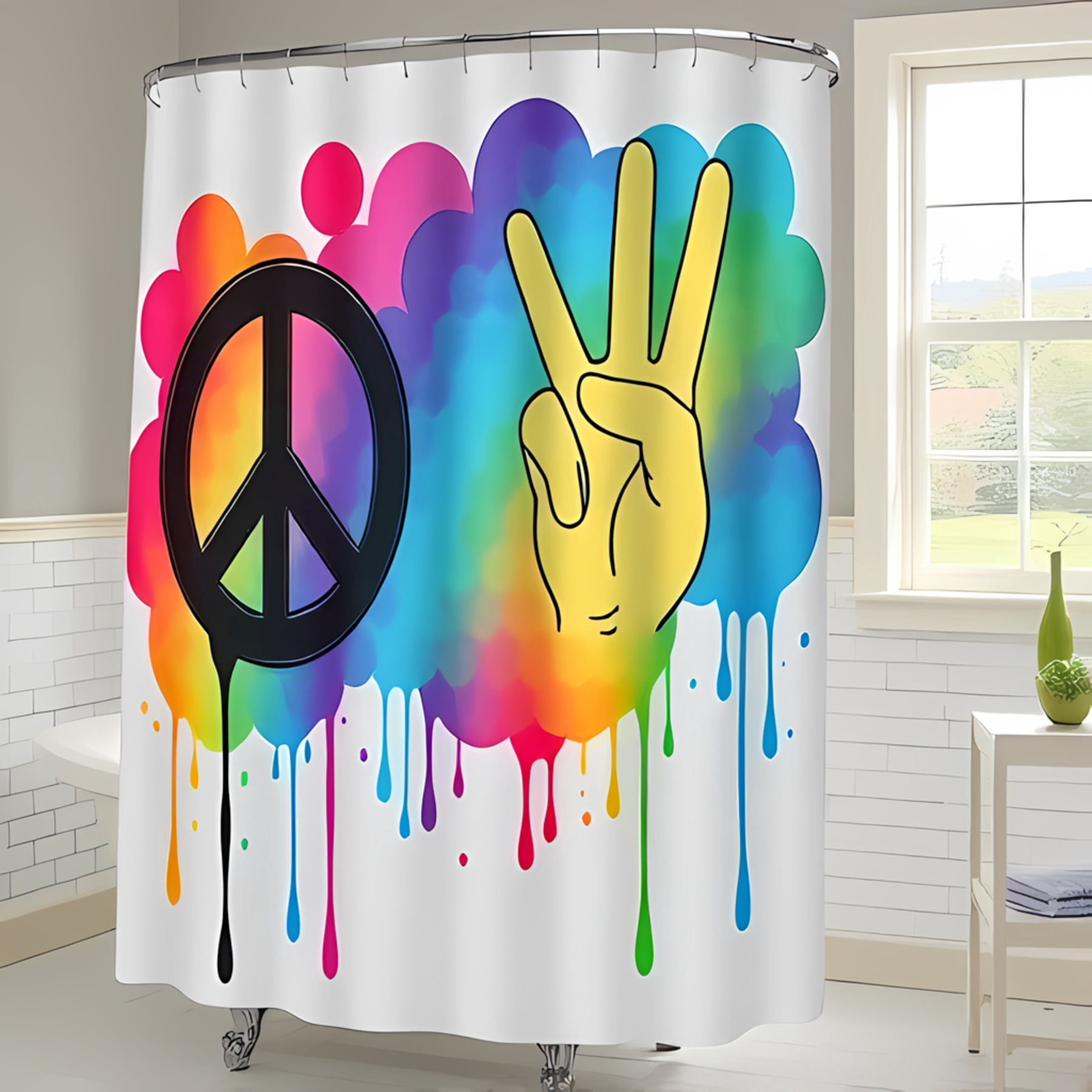 Vibrant Peace Symbol Shower Curtain with Colorful Dripping Splatter ...