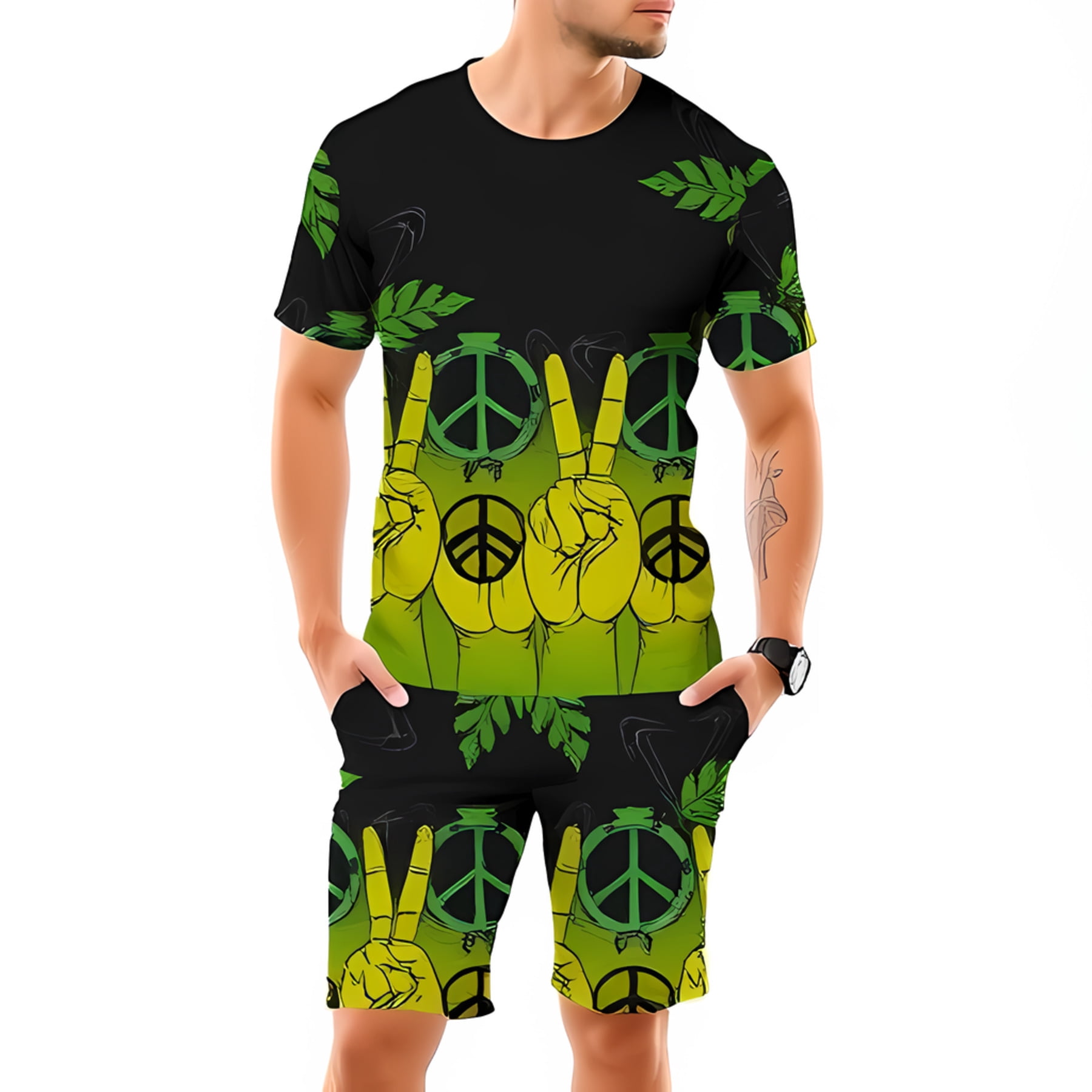 Vibrant Peace Symbol T-Shirt and Shorts Set - Black Background with ...