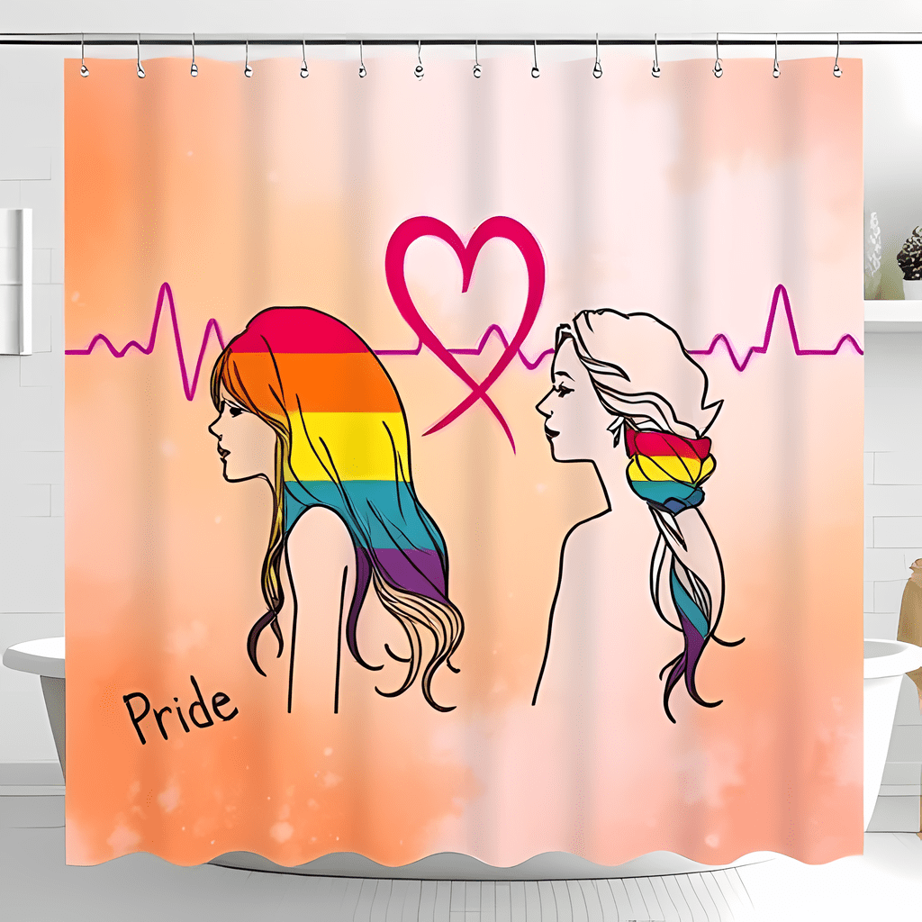 Vibrant Peach-Toned LGBTQ+ Pride Shower Curtain with Rainbow Hair Line ...