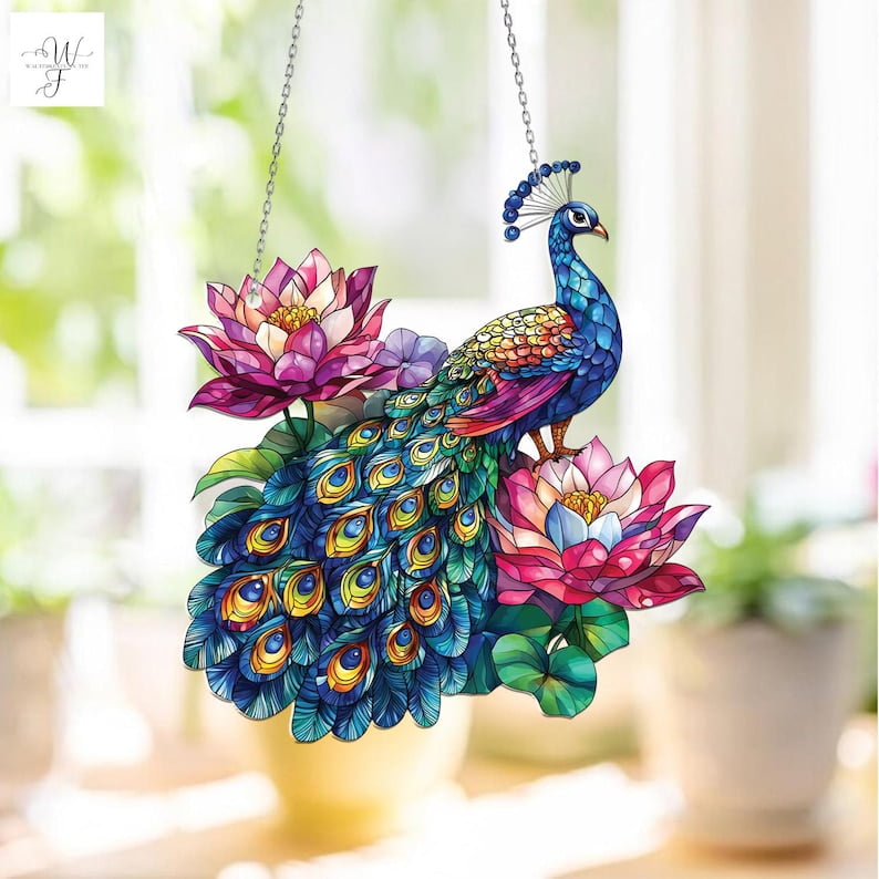 Vibrant Peacock with Lotus Flowers Acrylic Window Hanging - Elegant and ...