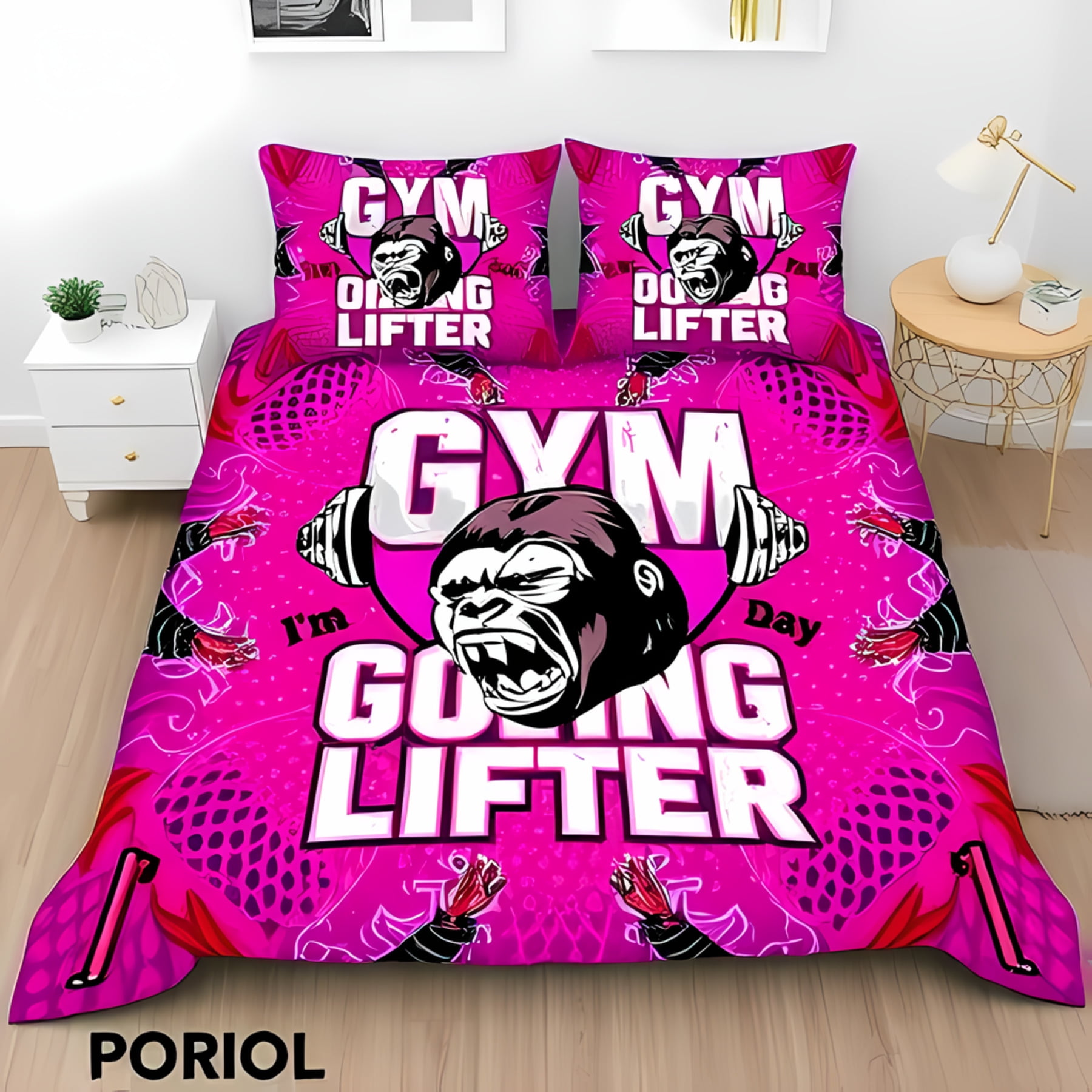 Vibrant Pink 3-Piece Duvet Cover Set with Bold Gorilla Graphic & Gym ...