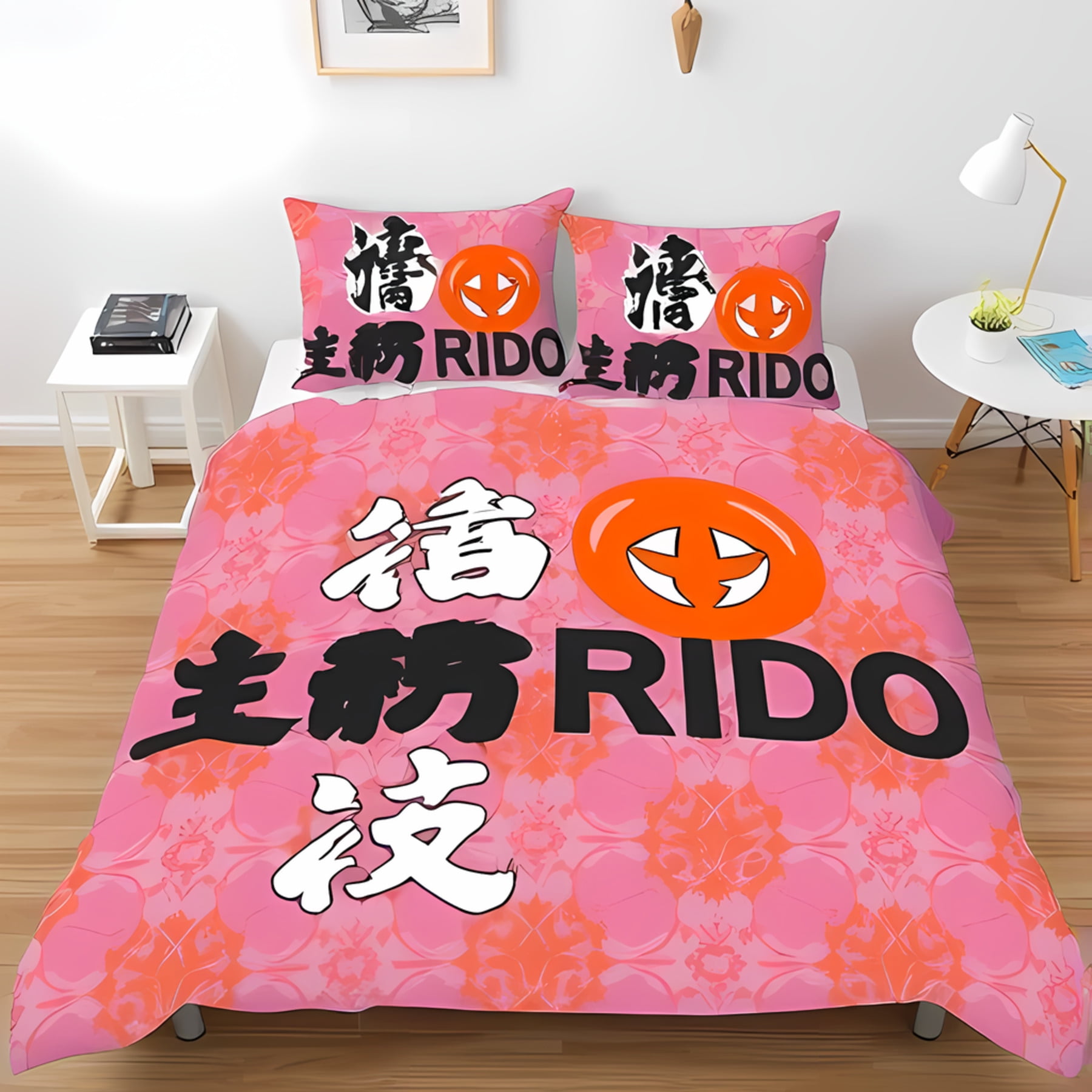 Vibrant Pink 3-Piece Duvet Cover Set with Japanese Characters ...