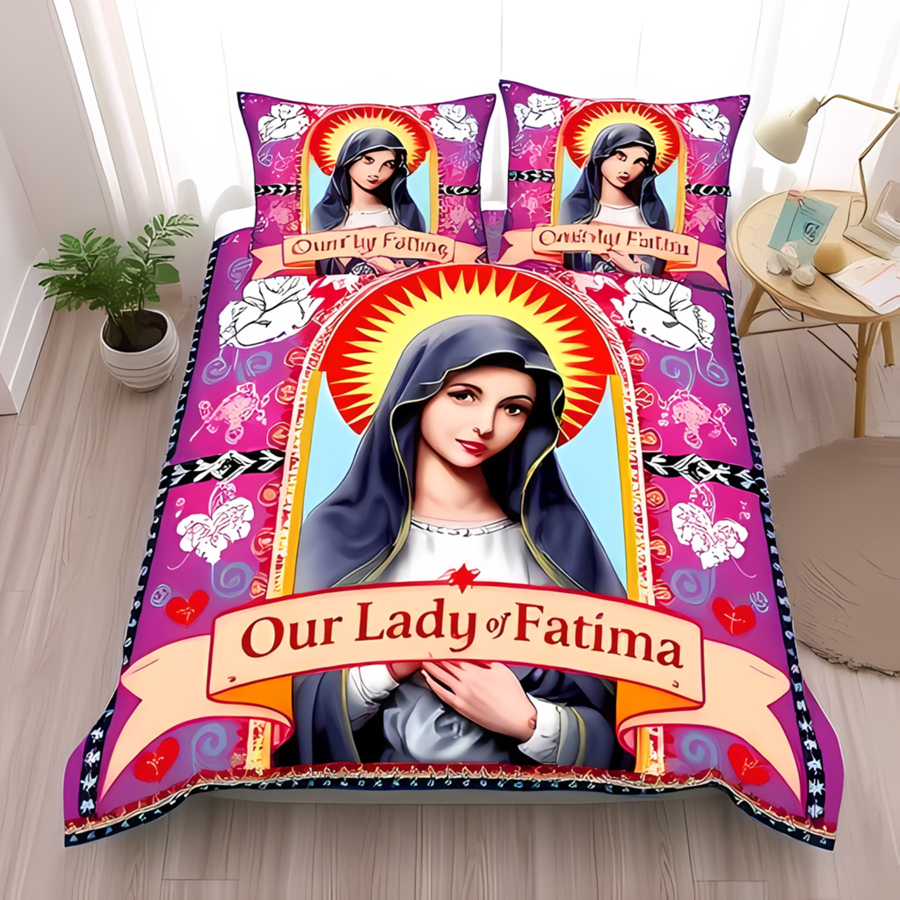 Vibrant Pink 3-Piece Duvet Cover Set with Our Lady of Fatima Design and Floral Accents - Bold ...