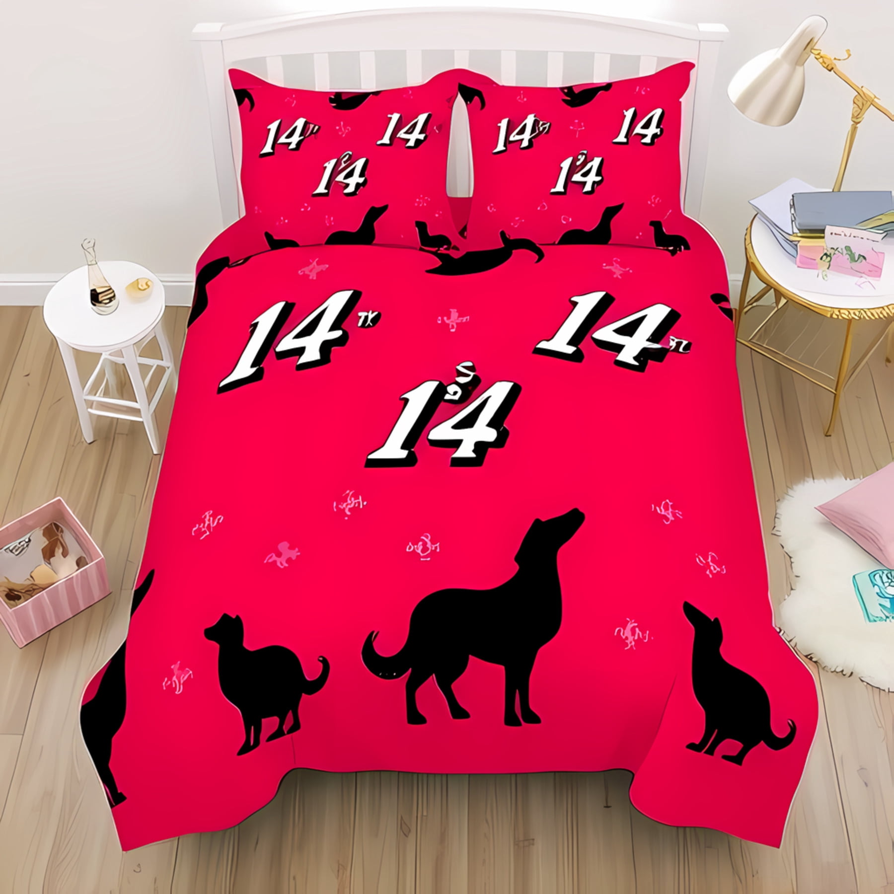 Vibrant Pink 3-Piece Duvet Cover Set with Playful Dog Silhouettes ...