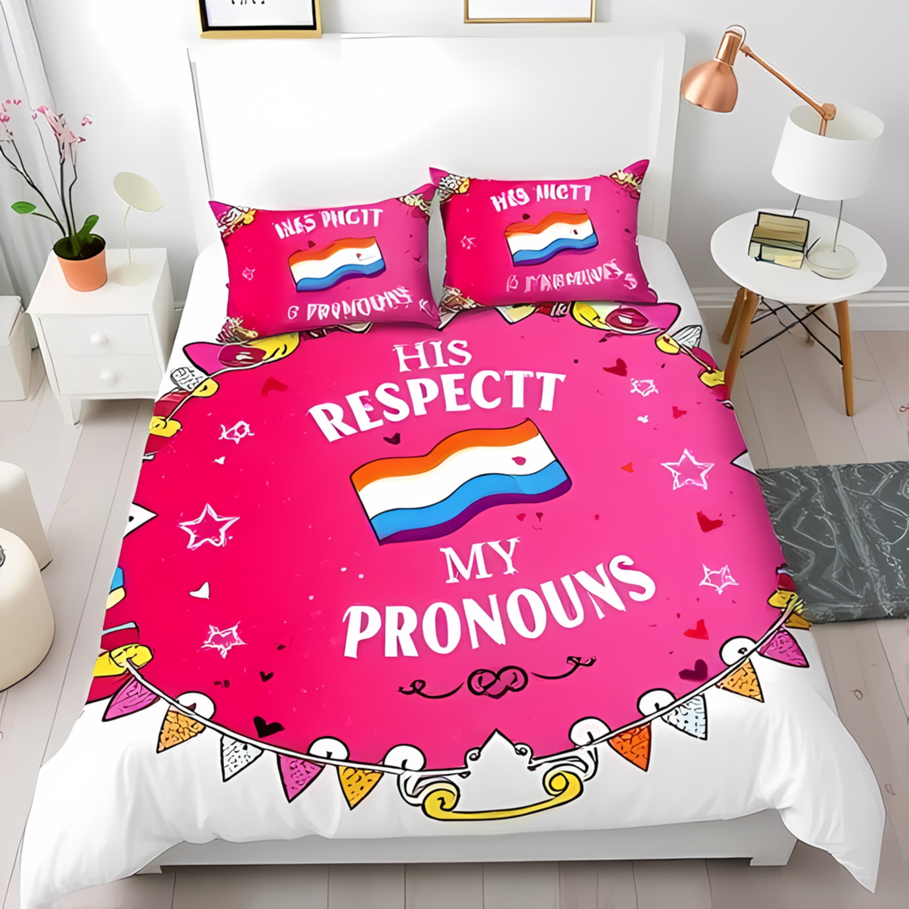 Vibrant Pink 3-Piece Duvet Cover Set with Playful 'His Respect My ...