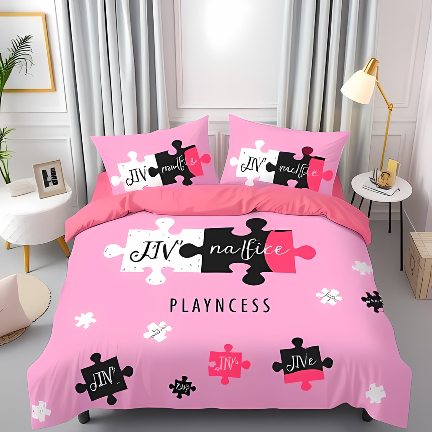 Vibrant Pink 3-Piece Duvet Cover Set with Playful Interlocking Pieces ...