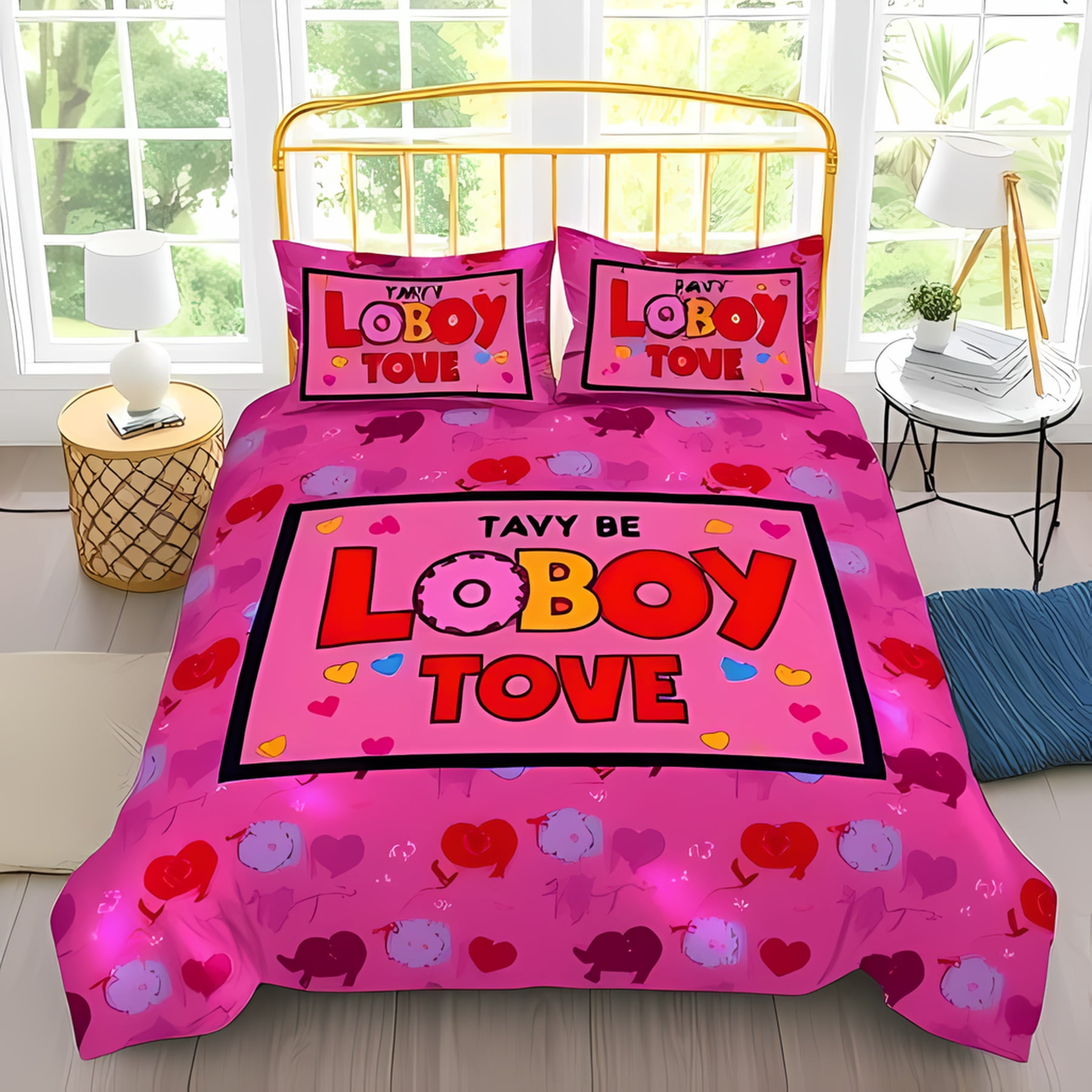 Vibrant Pink 3-Piece Duvet Cover Set with "Tavy Be Loboy Tove" Design ...