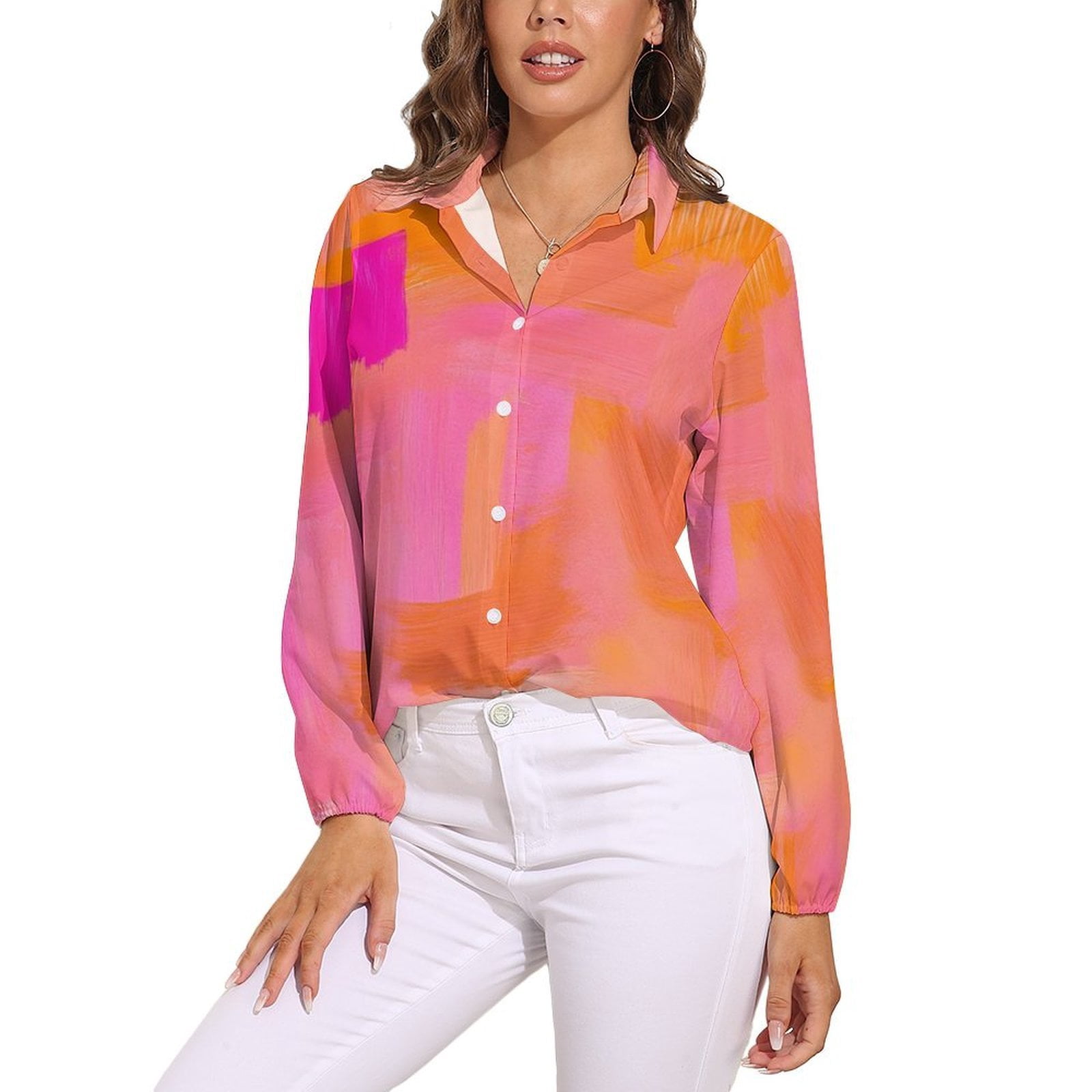 Vibrant Pink Abstract Art-1 Vntage Casual Long Sleeve Shirt Blouse ...