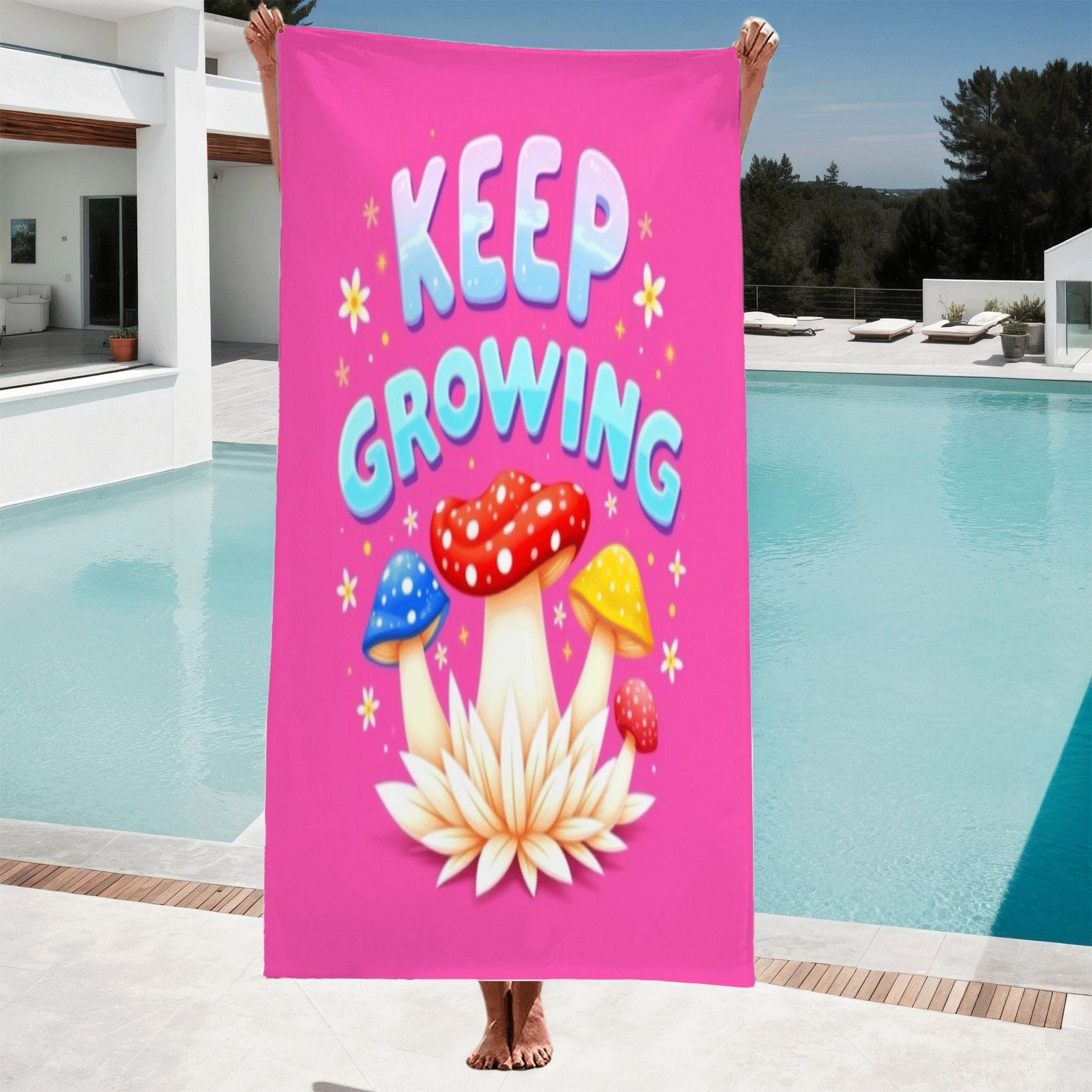 Vibrant Pink Beach Towel with Colorful Mushroom and Flower Design ...