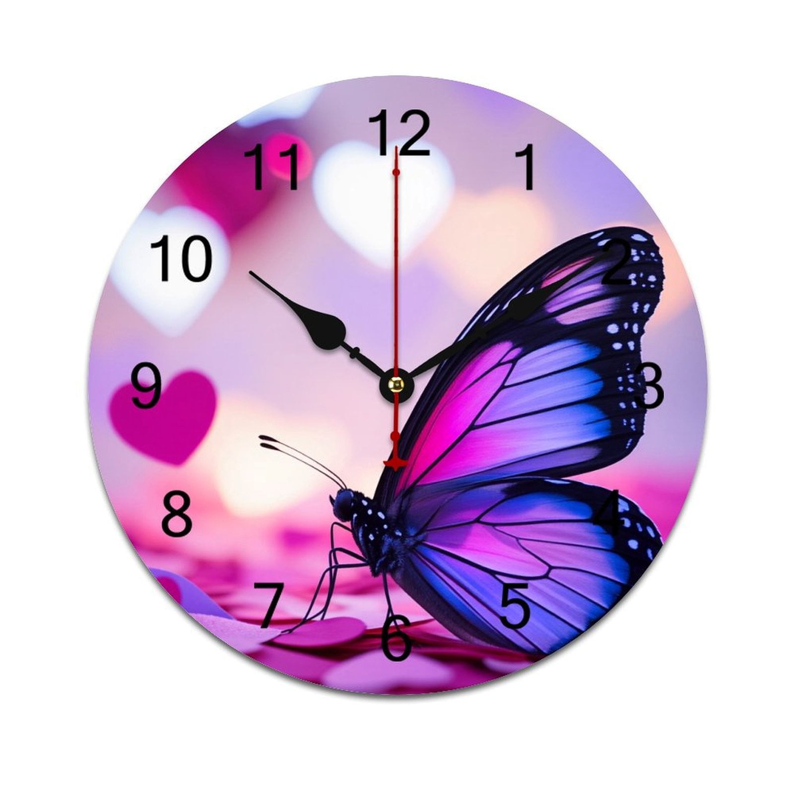 Vibrant Pink Butterfly on Hearts-1 Word Saying Big Wall Clock Home ...