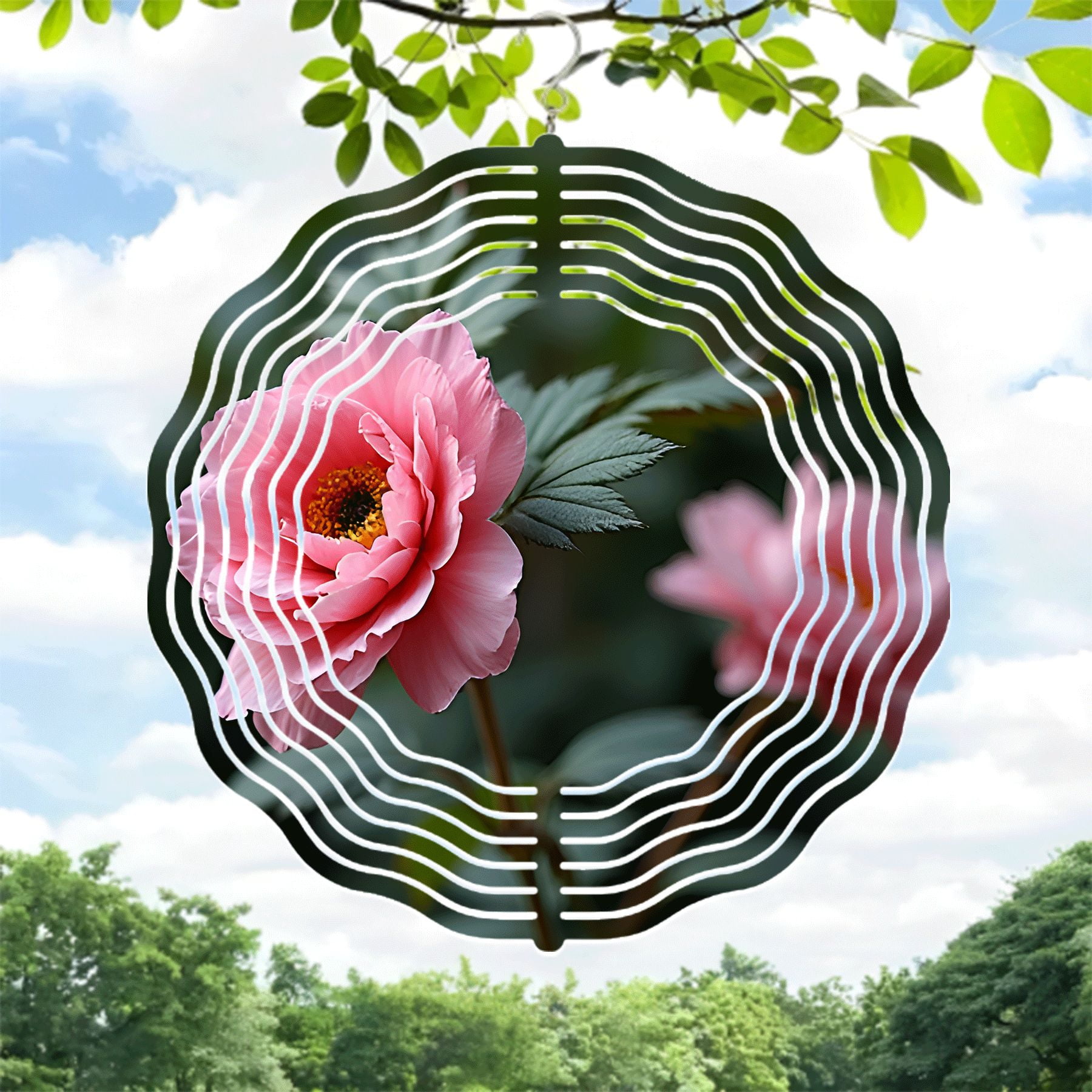 Vibrant Pink Flower Metal Hanging Wind Spinner - Artistic Circular ...