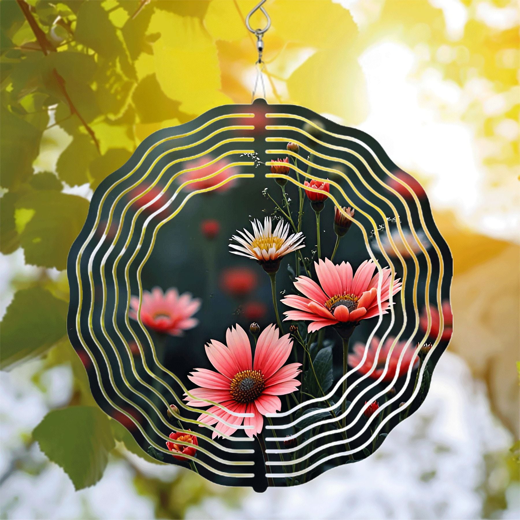 Vibrant Pink Flower Metal Hanging Wind Spinner - Concentric White Lines ...
