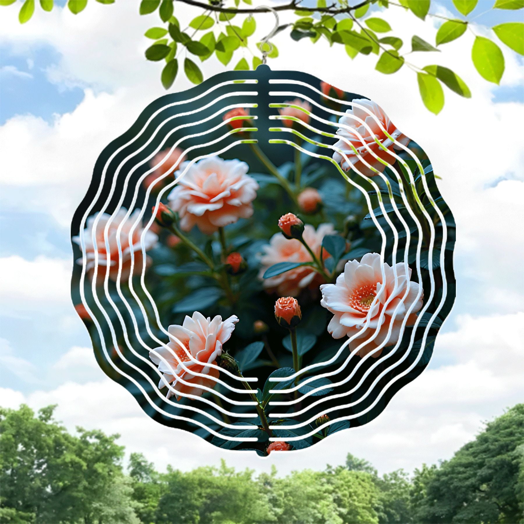 Vibrant Pink Flower Metal Hanging Wind Spinner with Abstract White ...