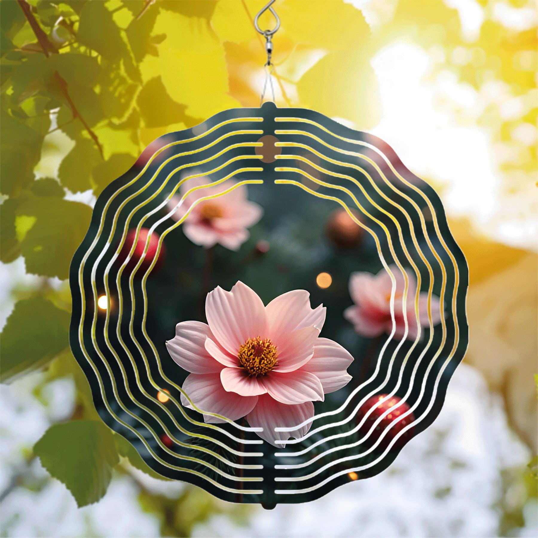 Vibrant Pink Flower Metal Hanging Wind Spinner with Concentric Wave ...