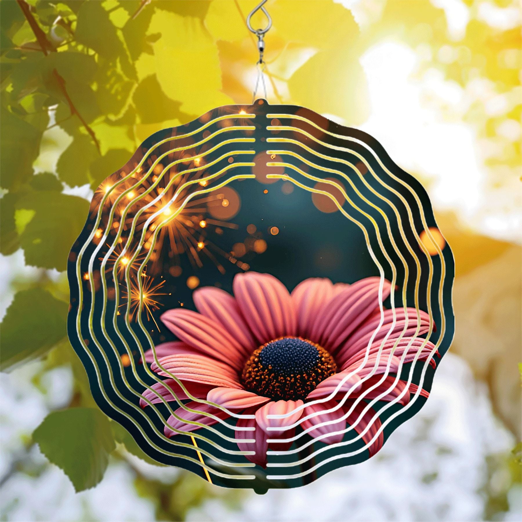 Vibrant Pink Flower Metal Hanging Wind Spinner with Intricate Petals ...