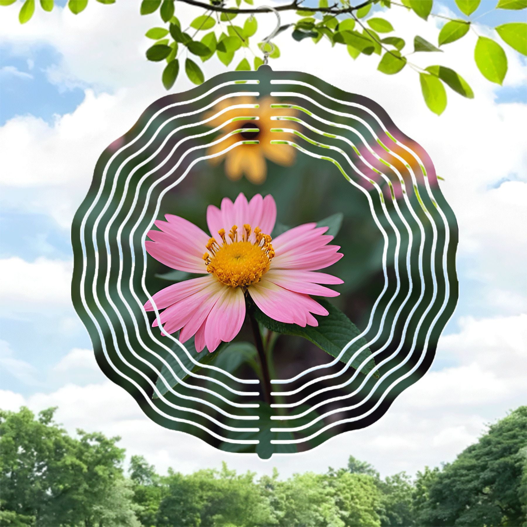 Vibrant Pink Flower Metal Hanging Wind Spinner with Yellow Stamens ...