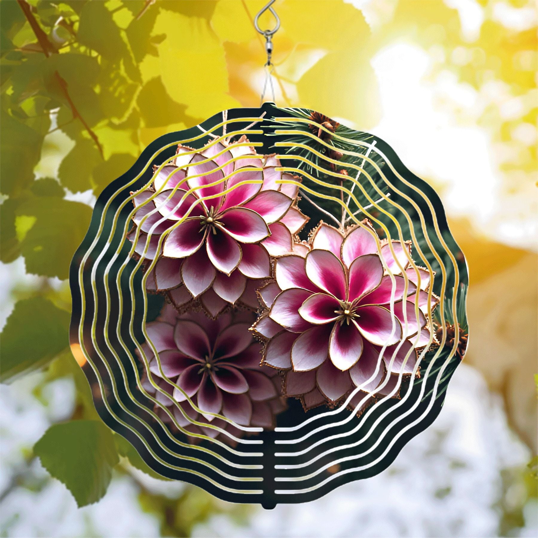 Vibrant Pink Flower Metal Wind Spinner with Concentric White Lines ...